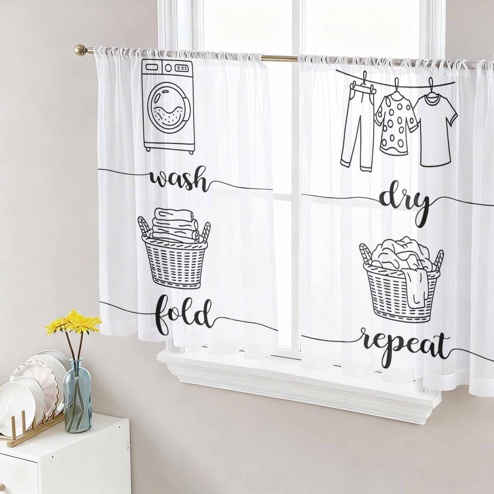 Black White Semi Sheer Curtains 45 Inch Length 2 Panels Set, Cartoon ...