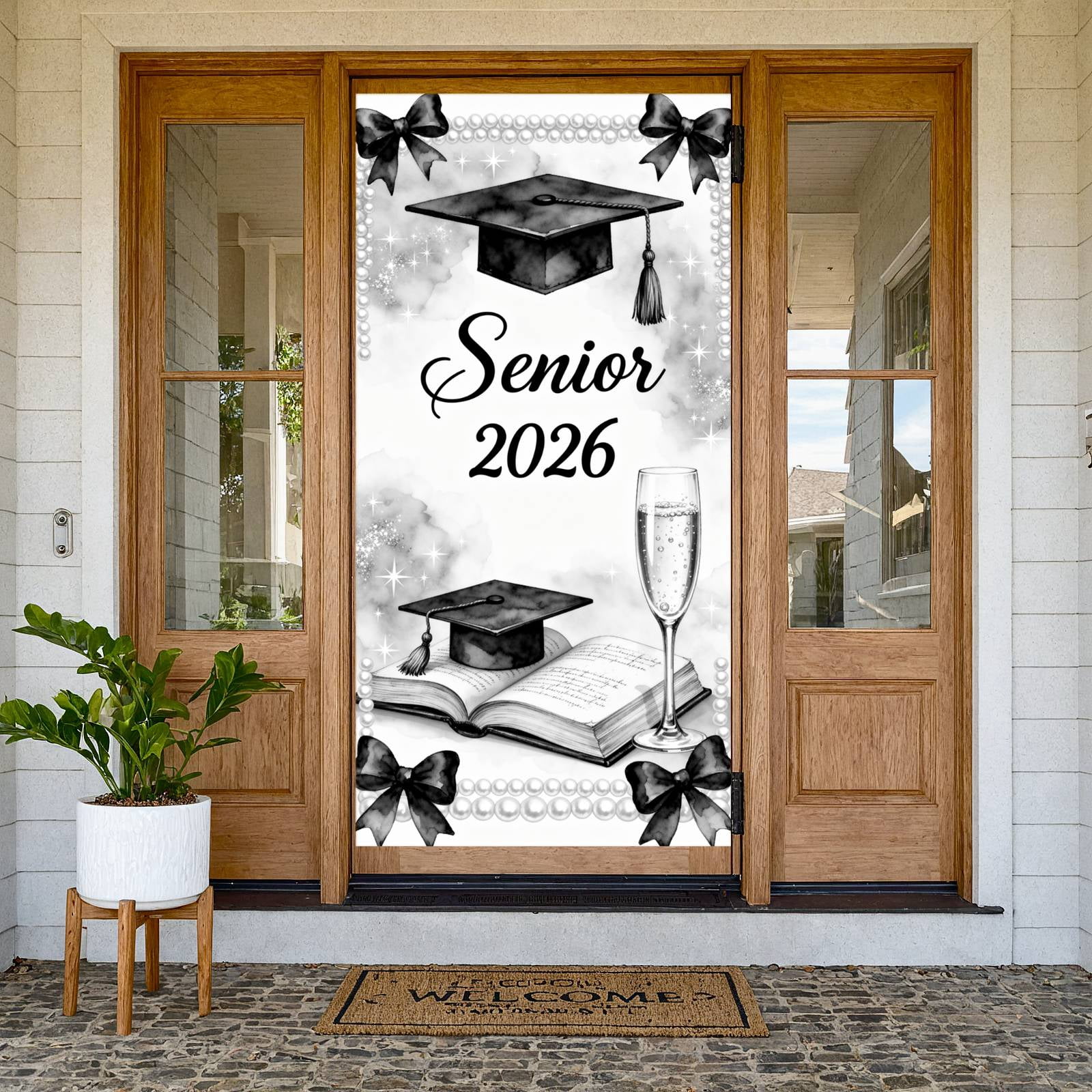 Black White Senior 2026 Banner Pearl Border Graduation Backdrop Bow ...