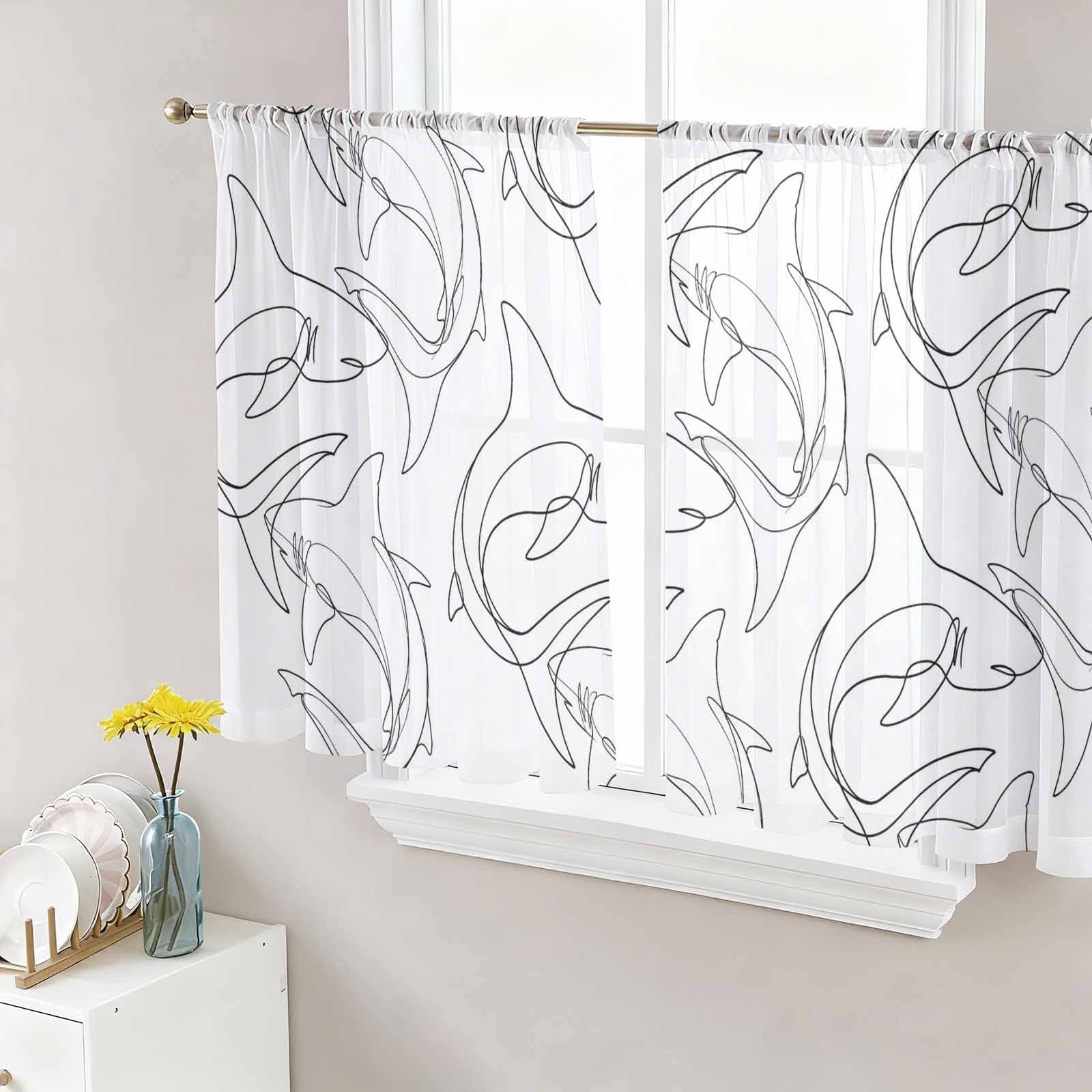 Black White Shark Sheer Curtains 45 Inch Length 2 Panels Set, Modern ...