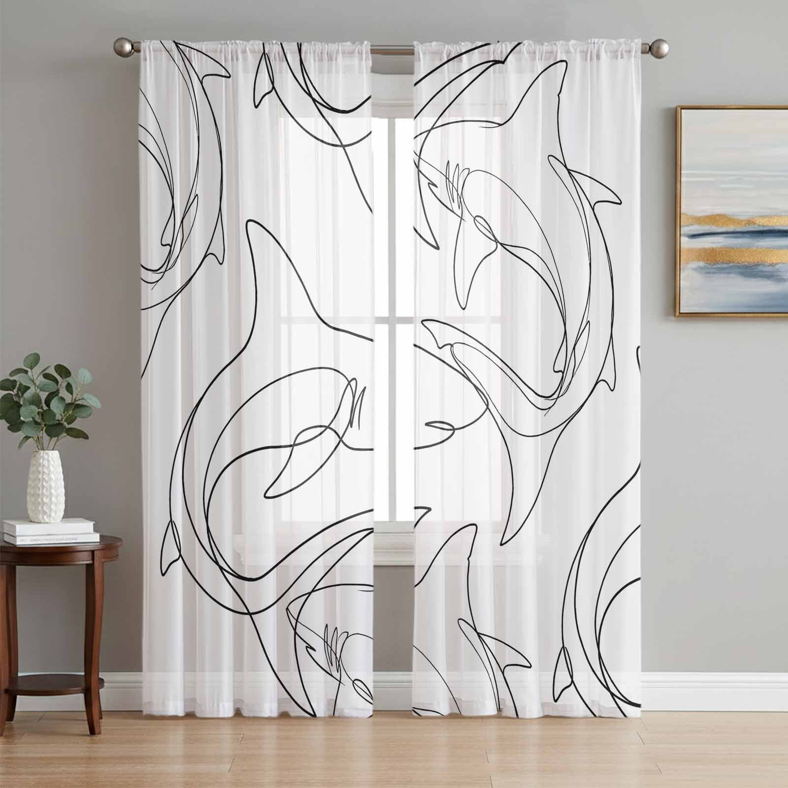 Black White Shark Sheer Curtains for Living Room Bedroom Modern Line ...