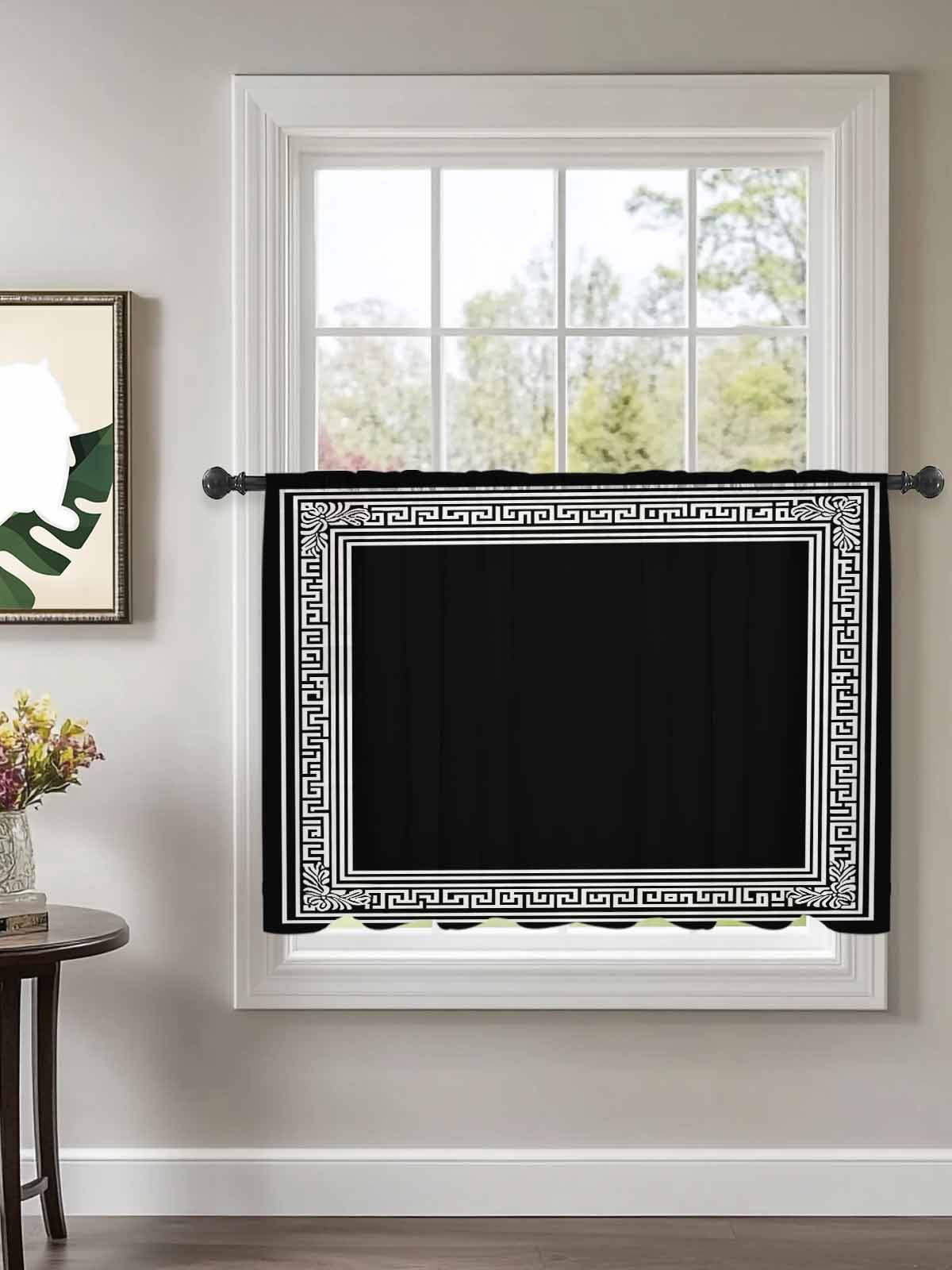 Black White Sheer Curtains 45 Inch Long 1 Panel Geometric Greek Key ...