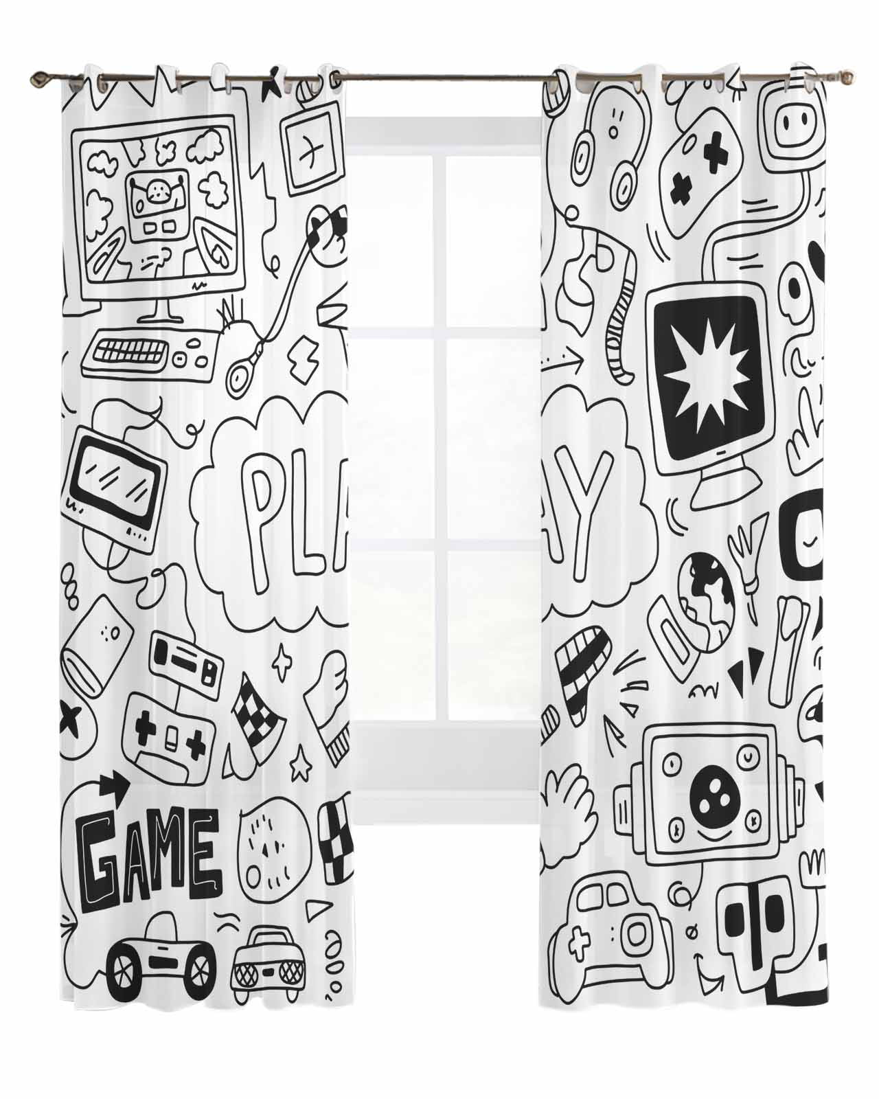 Black White Sheer Curtains 72 Inch Length 2 Panels Game Console ...