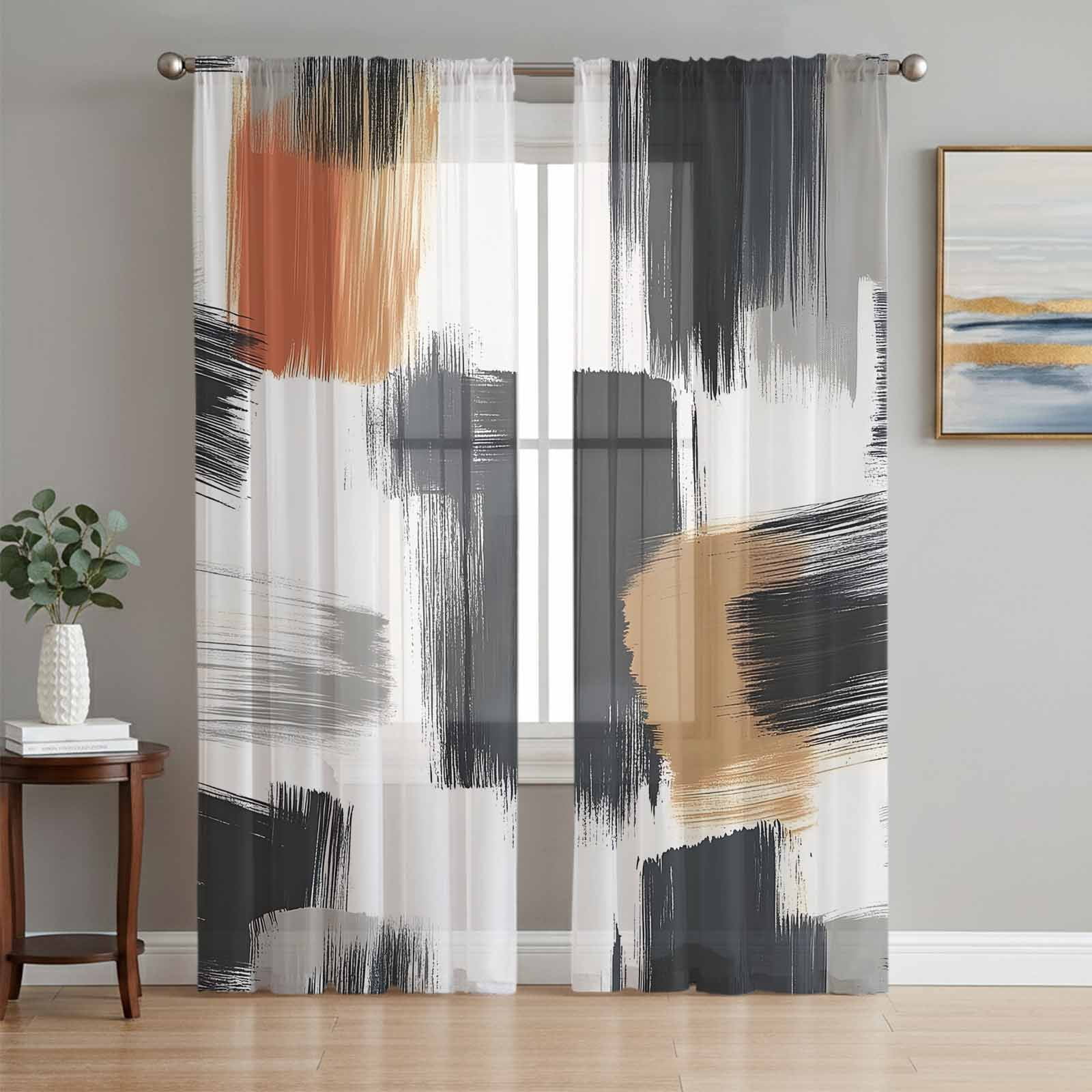 Black White Sheer Curtains 84 Inch Length 2 Panels Set, Geometric Oil ...