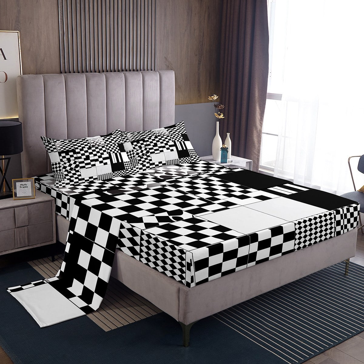 Black and White Sheets Plaid Patchwork Grid Bed Sheets Set Full Size ...