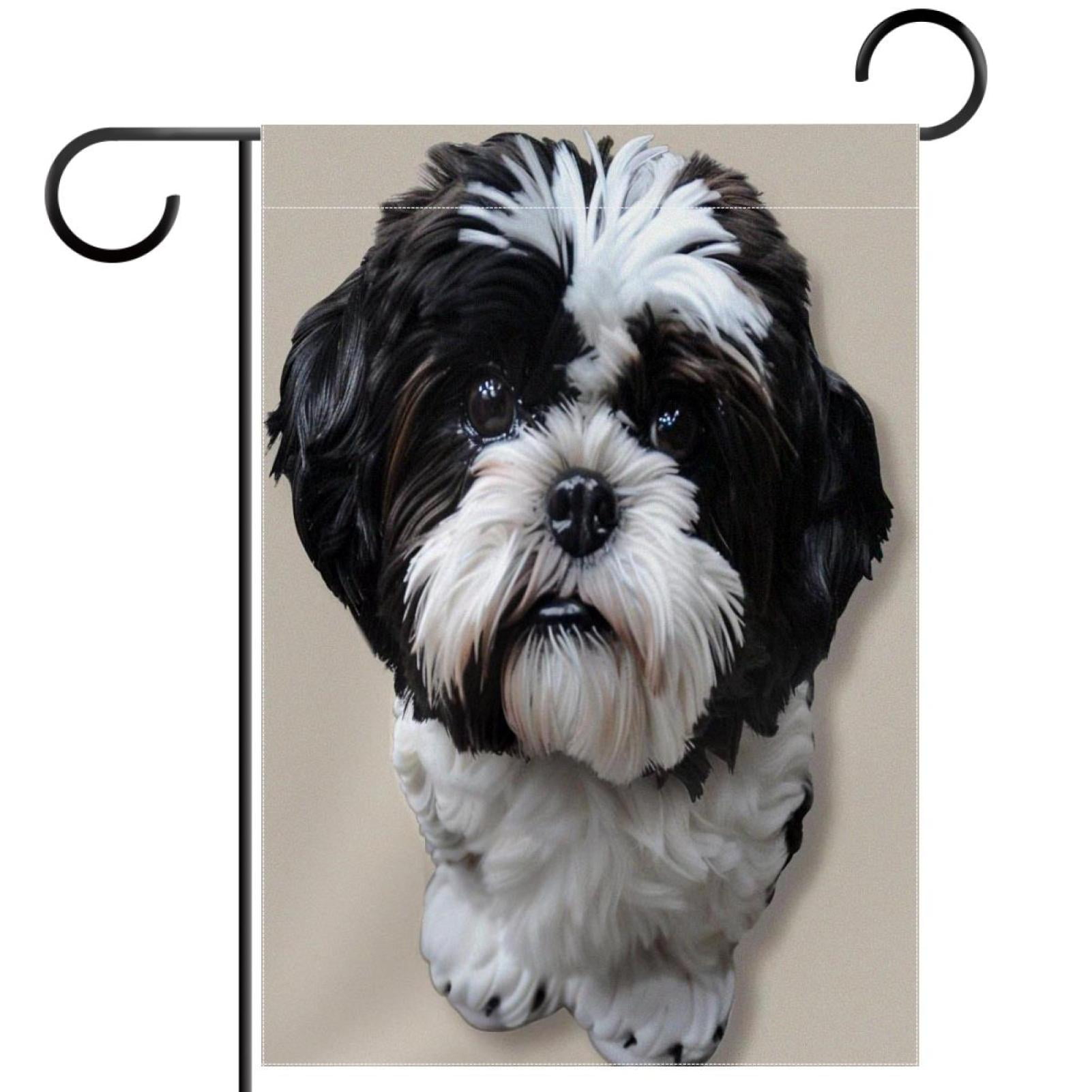 Black White Shih Tzu Dog Puppy Print Art Polyester Garden Flag Banner ...