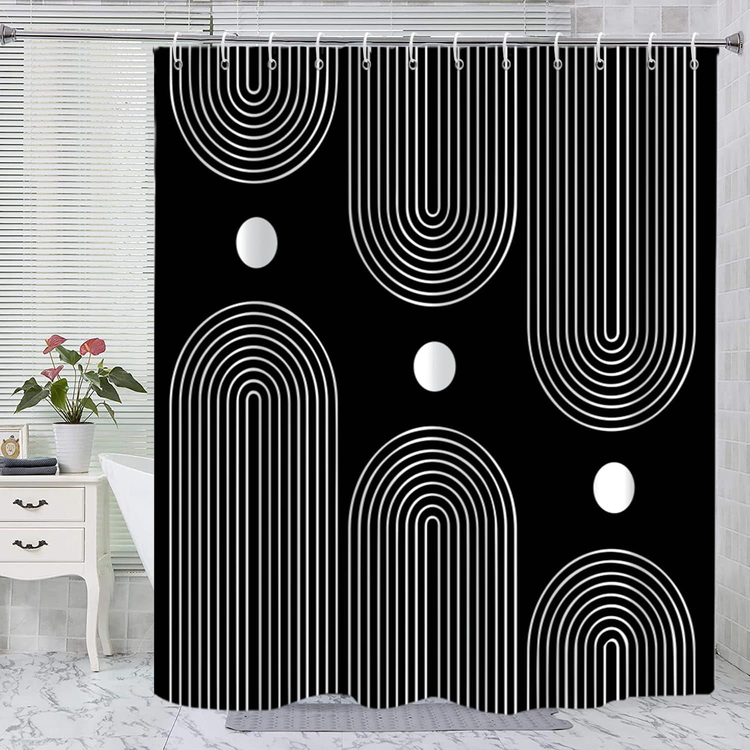 Black and White Shower Curtain, Boho Minimalist Mid Century Modern Arch Geometric Machine ...