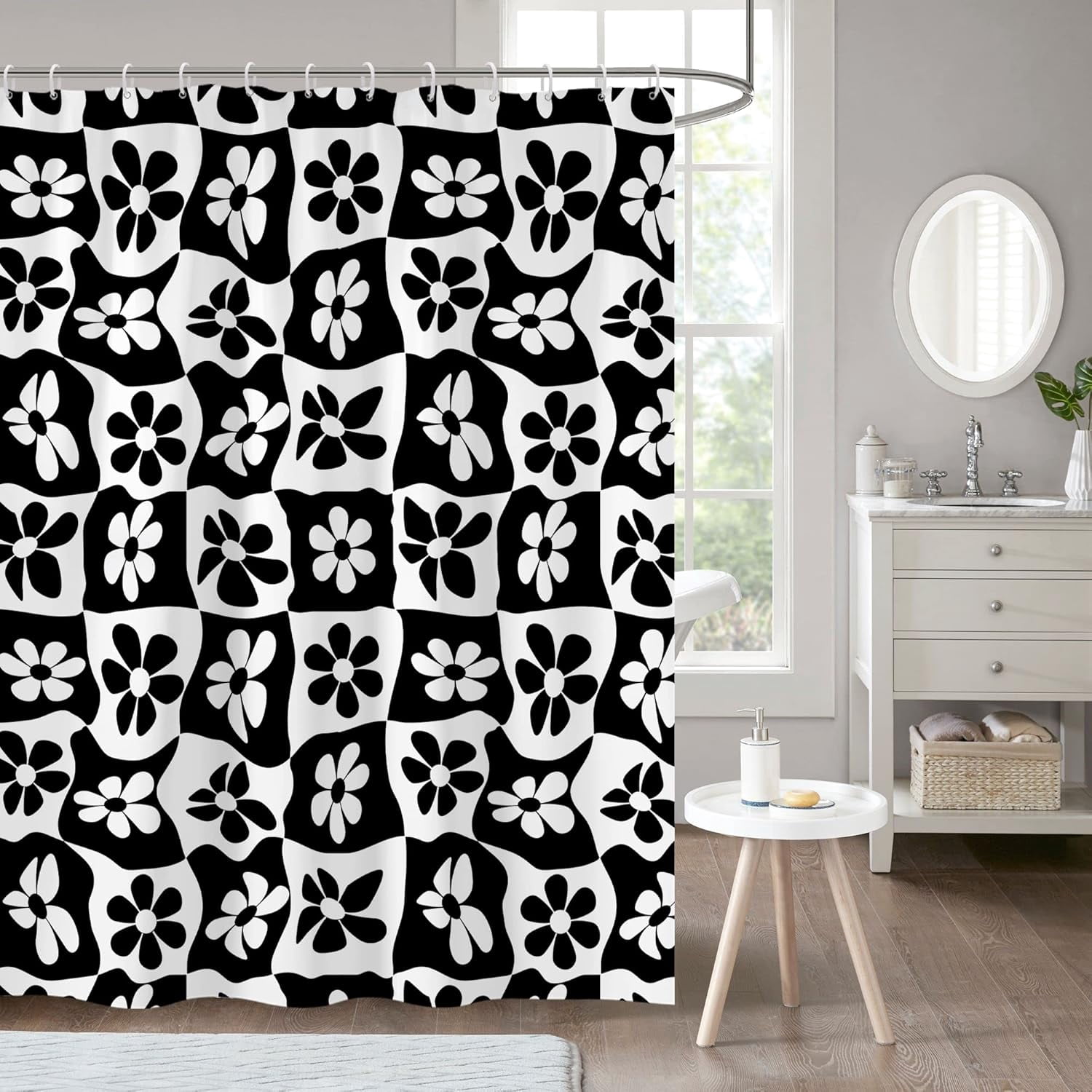 Black and White Shower Curtain Checkered Preppy Funky Pretty Floral ...