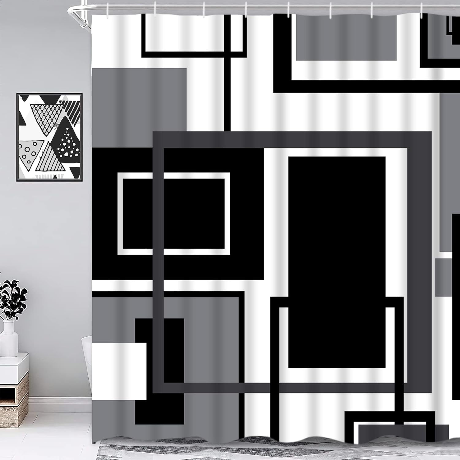 Black and White Shower Curtain Modern Geometric Shower Curtains with 12 ...