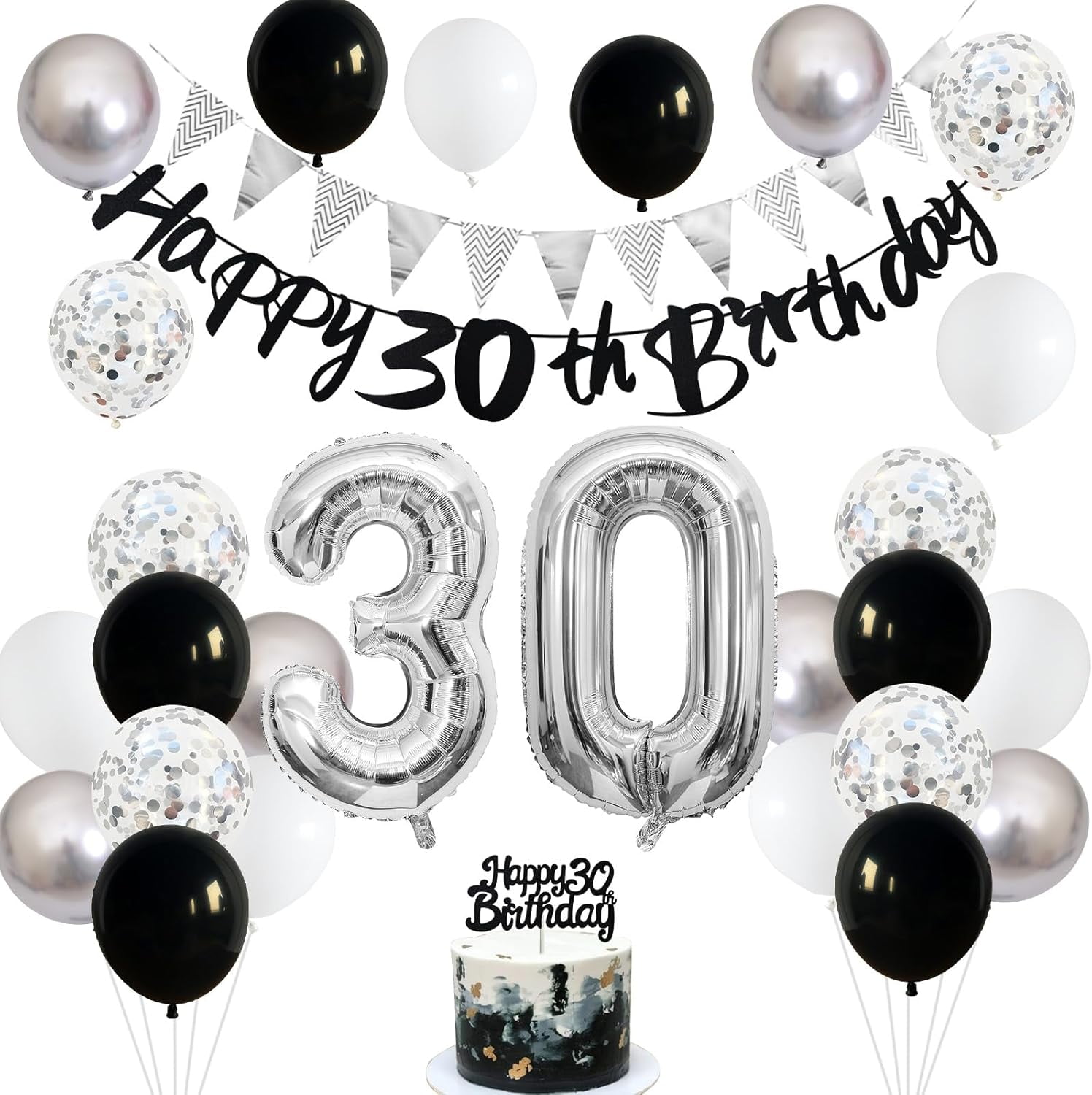 Black White Silver 30th Birthday Decorations Kit with Number 30th ...