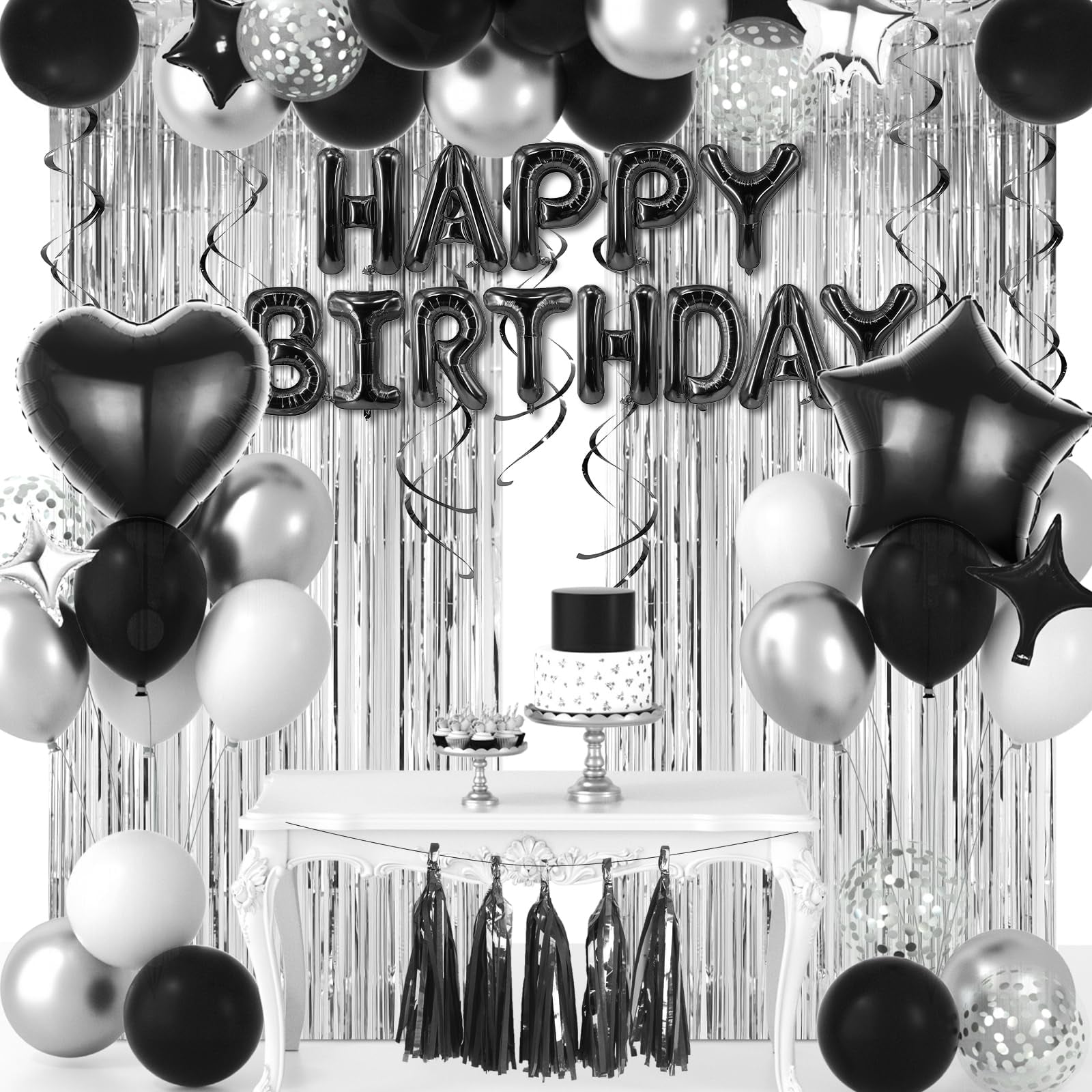 Black White Silver SCH4 Happy Birthday Party Decorations with Heart ...