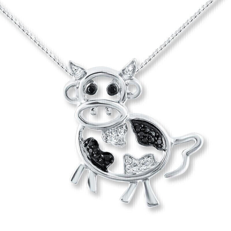 Black & White Simulated Diamond Cow Pendant Necklace 18" 14K White Gold ...