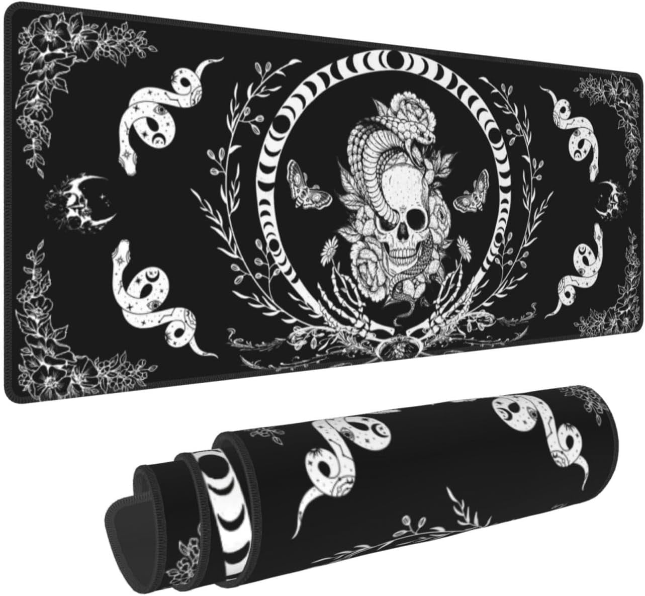 Black and White Skull Flower Skeleton Moth Snake Goth Moon Mouse Pad XL ...