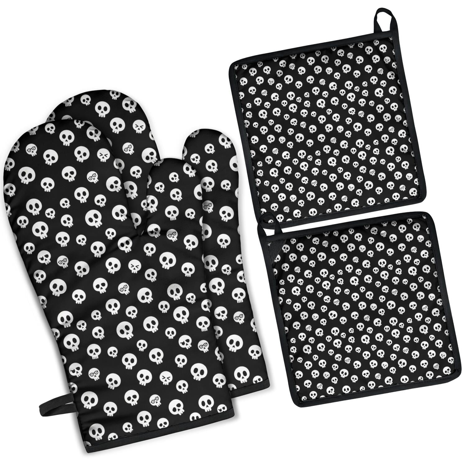 Black White Skull Pattern Kitchen Oven Mitt and Pot Holder Sets 4 Pcs ...
