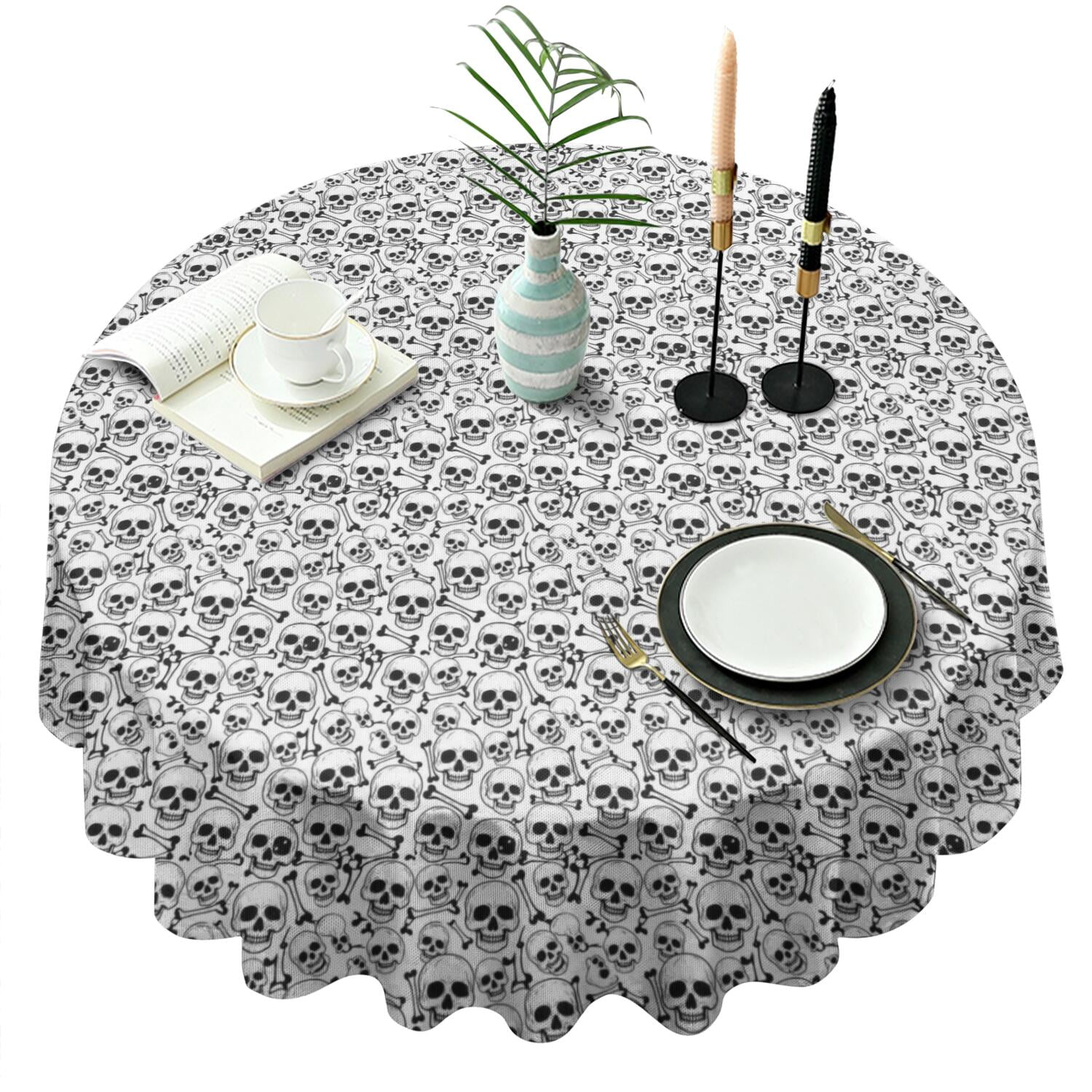 Black White Skull Pattern Round Tablecloth 60"x60",Wrinkle Wipeable ...