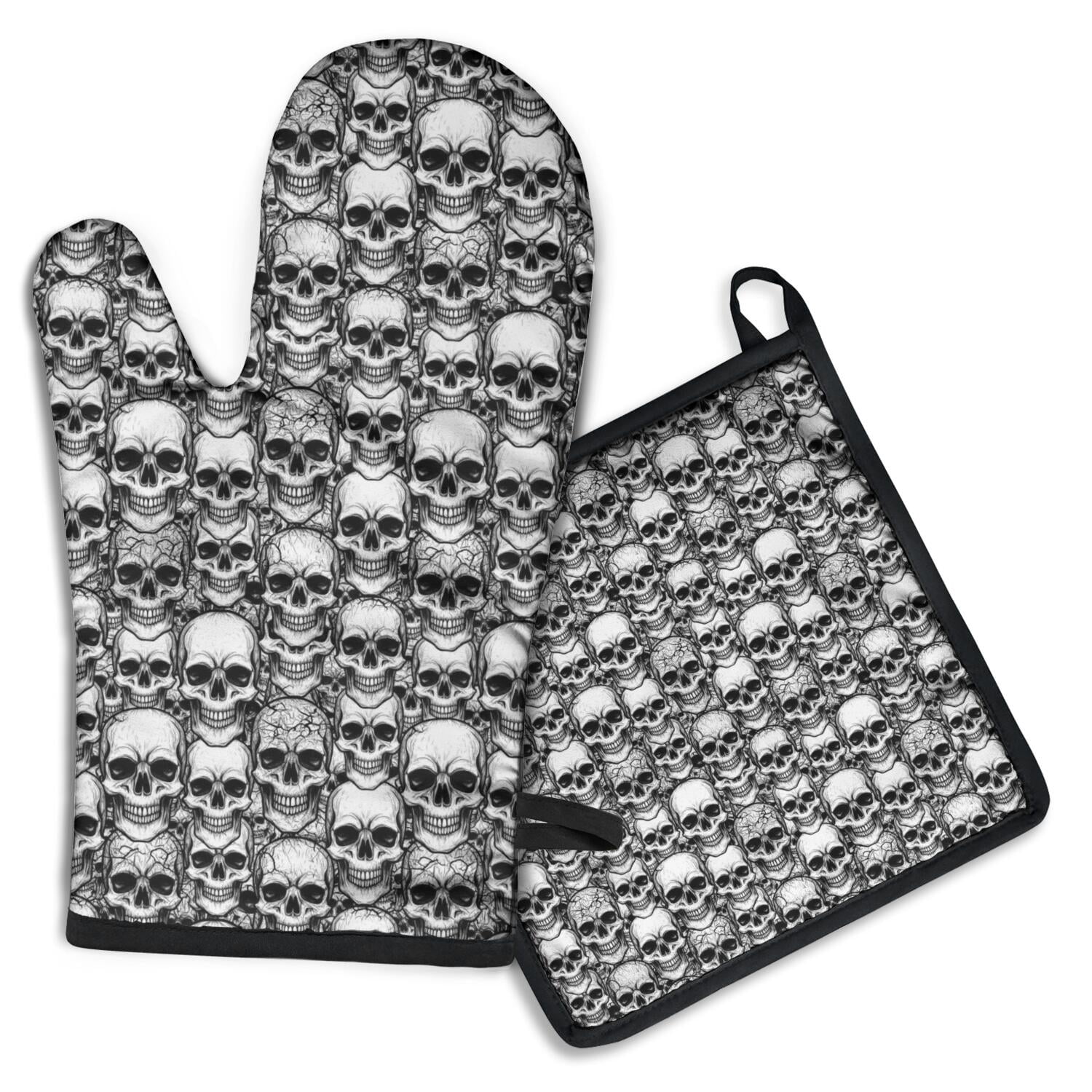 Black White Skull Stack Pattern Kitchen Oven Mitt and Pot Holder Sets 2 ...