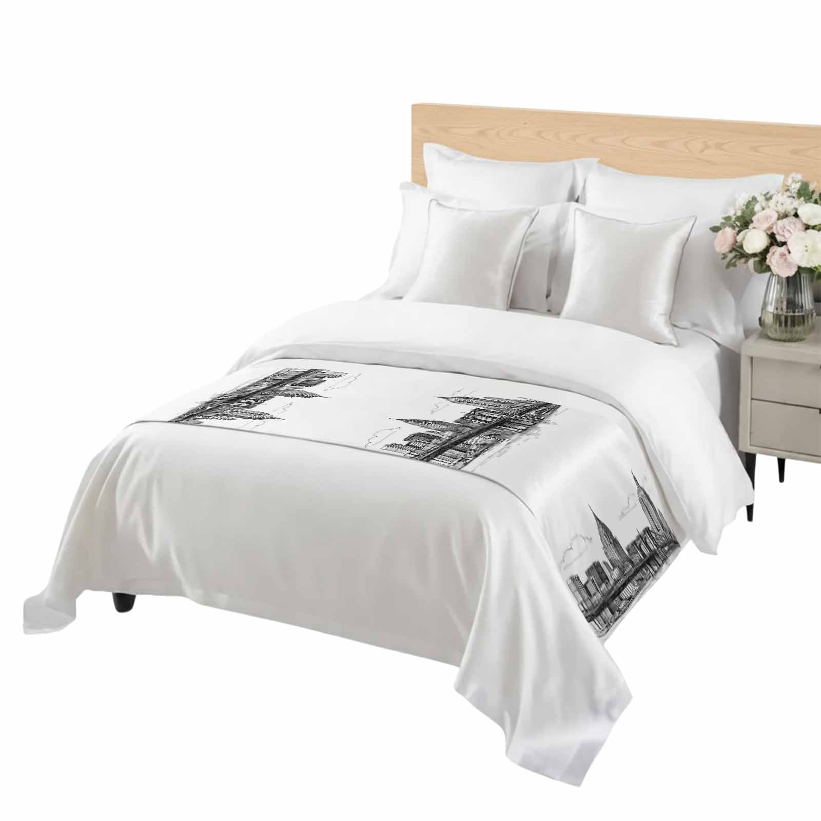 Black White Skyscraper Bed Runner Cal King Size Modern Hand-drawn Style ...