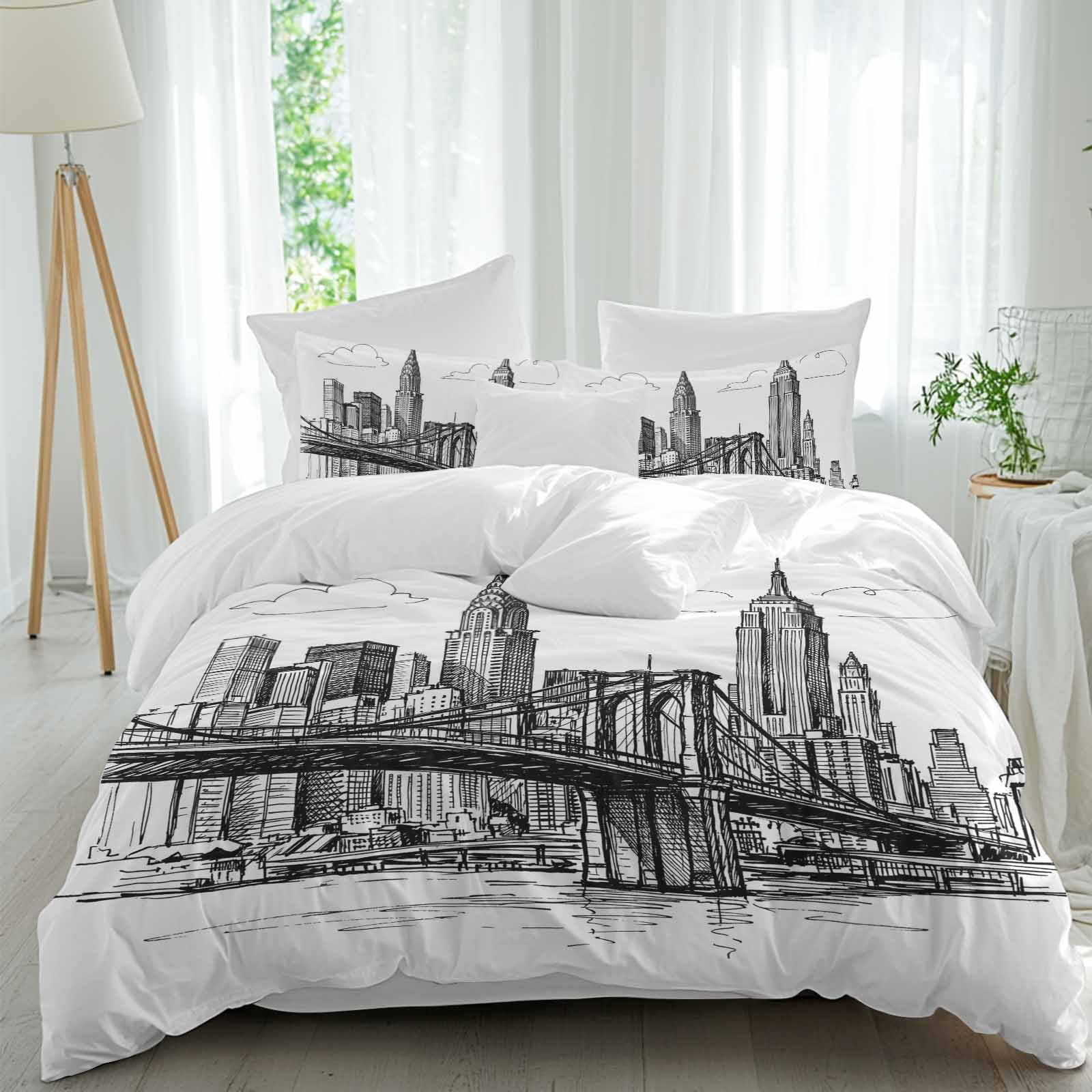 Black White Skyscraper Duvet Cover Set Twin Size, Modern Hand-drawn ...