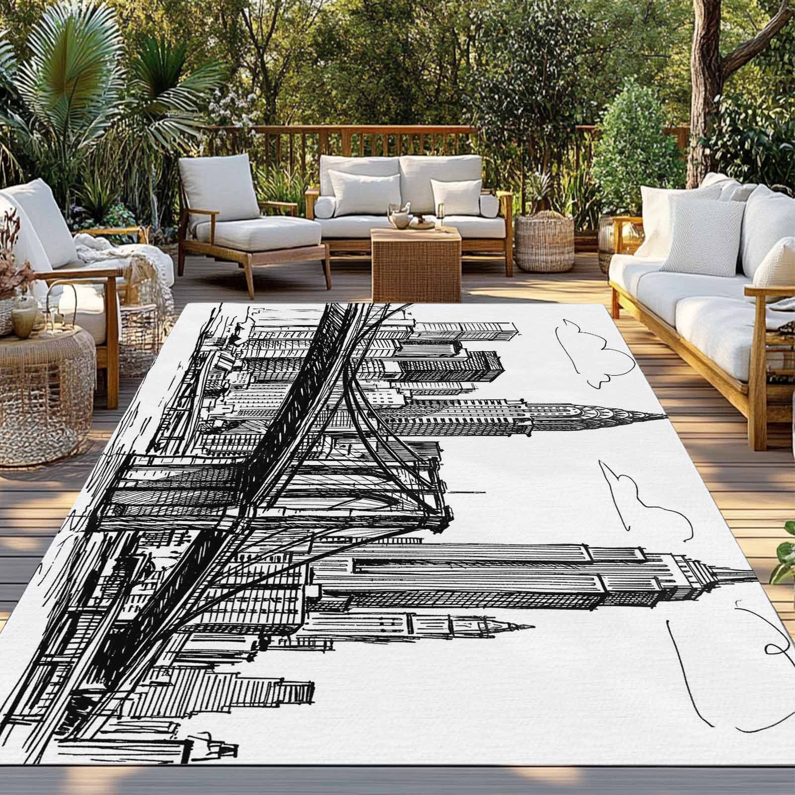 Black White Skyscraper Indoor Outdoor Rugs 4x6 Ft, Modern Hand-drawn ...