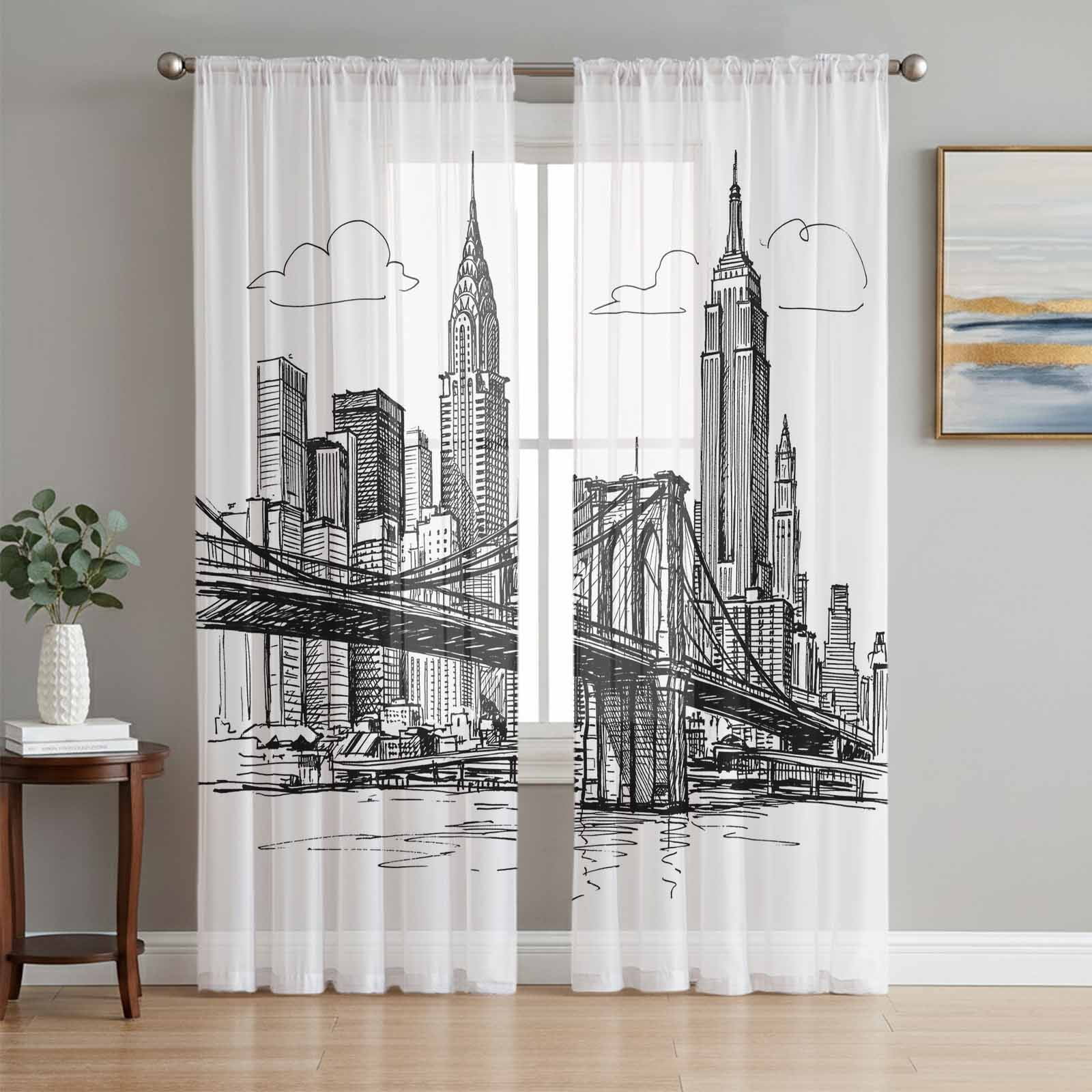 Black White Skyscraper Sheer Curtains for Living Room Bedroom, Modern ...