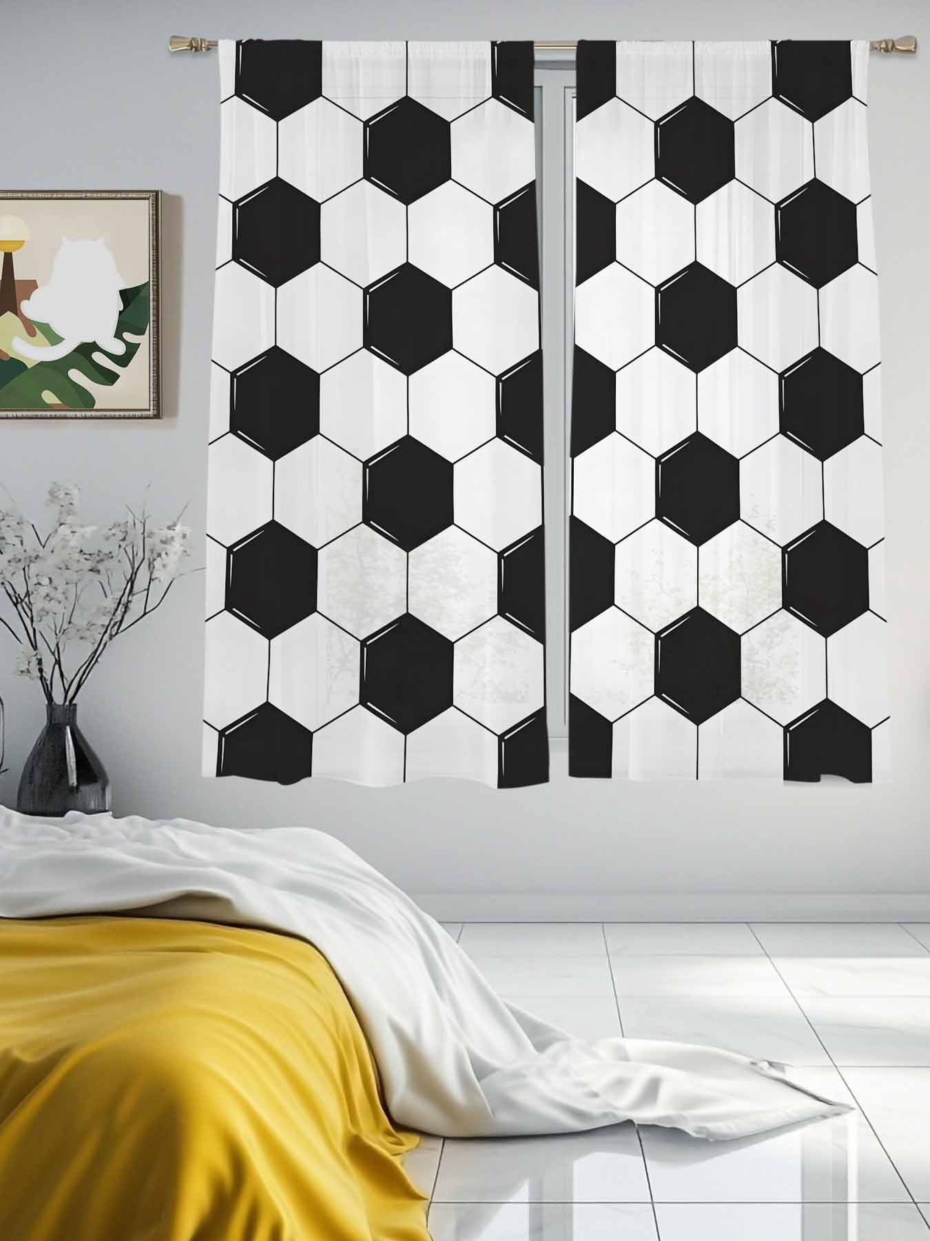 Black White Soccer Skin Chiffon Sheer Curtains 63 Inches Long ...