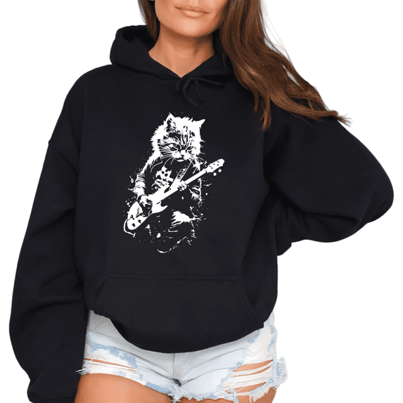 Black & White Splatter Rock Cat Playing Electric Guitar Theme Graphic ...