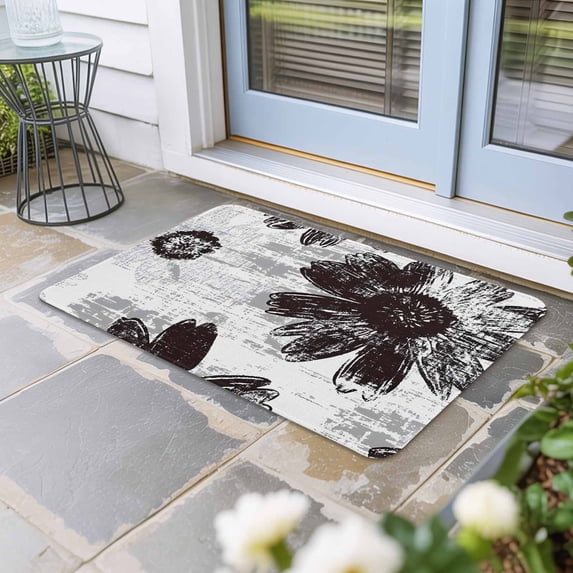 Black White Spring Floral Door Mat Indoor Outdoor, Summer Flowers ...