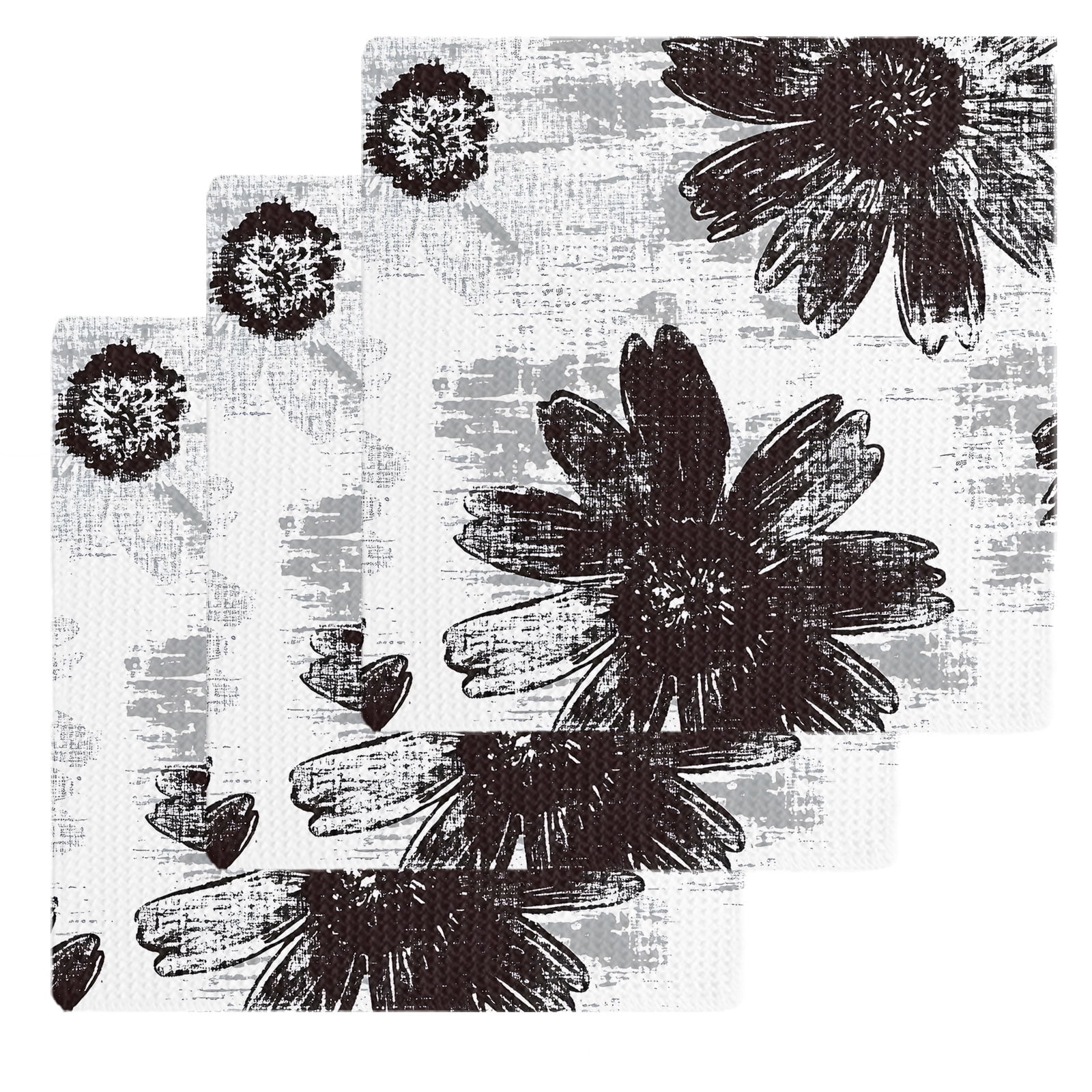 Black White Spring Floral Kitchen Dish Towels for Drying Dishes Set of ...