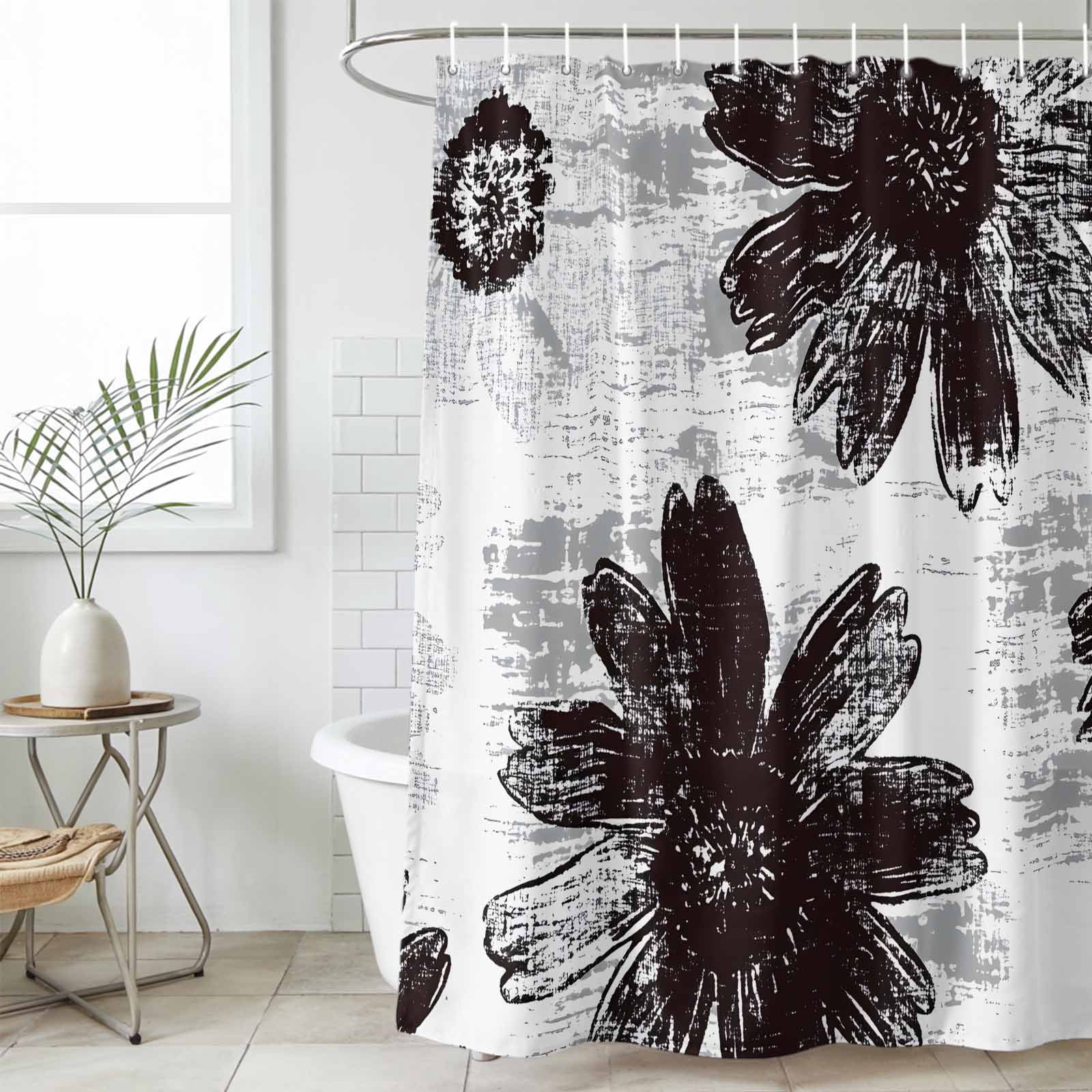 Black White Spring Floral Long Shower Curtain Set, Waterproof Shower ...