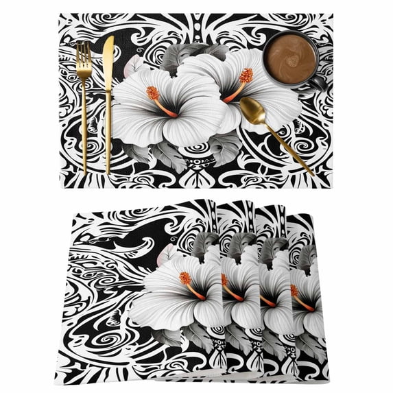 Black White Spring Floral Placemats Set of 4, Cotton Linen Fabric Place ...