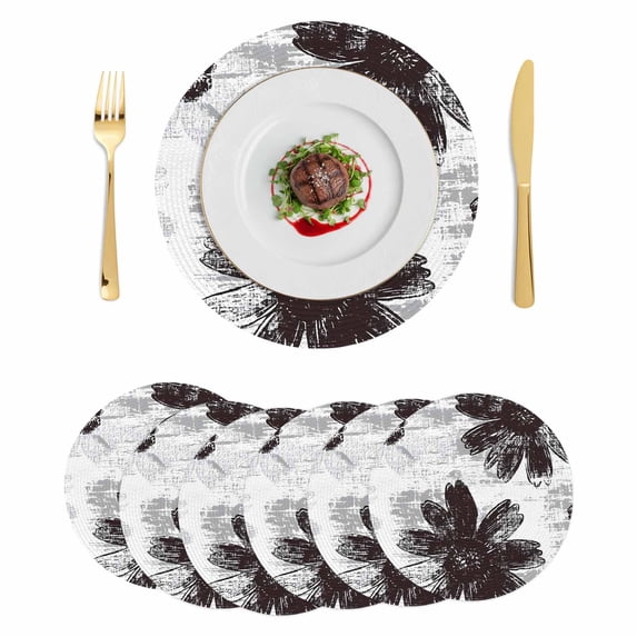 Black White Spring Floral Round 13 Inch Placemats Set of 6, Summer ...
