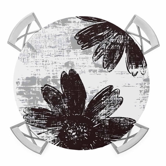Black White Spring Floral Round Tablecloth for 45-54 Inch Tables,Fitted ...