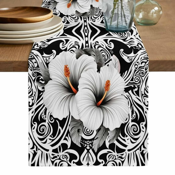 Black White Spring Floral Table Runner, Summer Botanical Modern ...