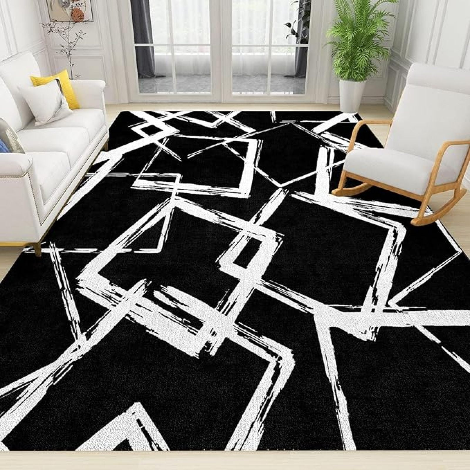 Black And White Square Boys Rugs For Bedroom, Contemporary Abstract ...