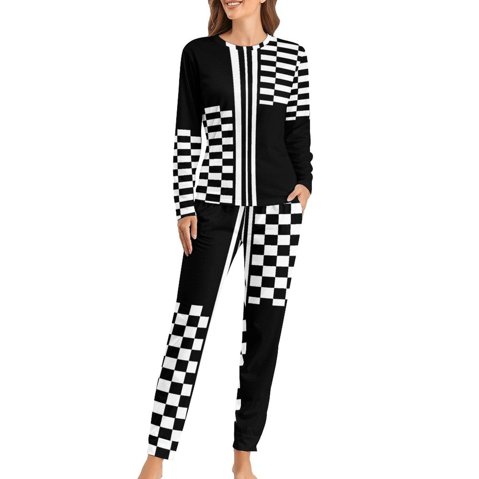 Black White Squares Pajamas Woman Nightwear Long Sleeve Two Piece ...