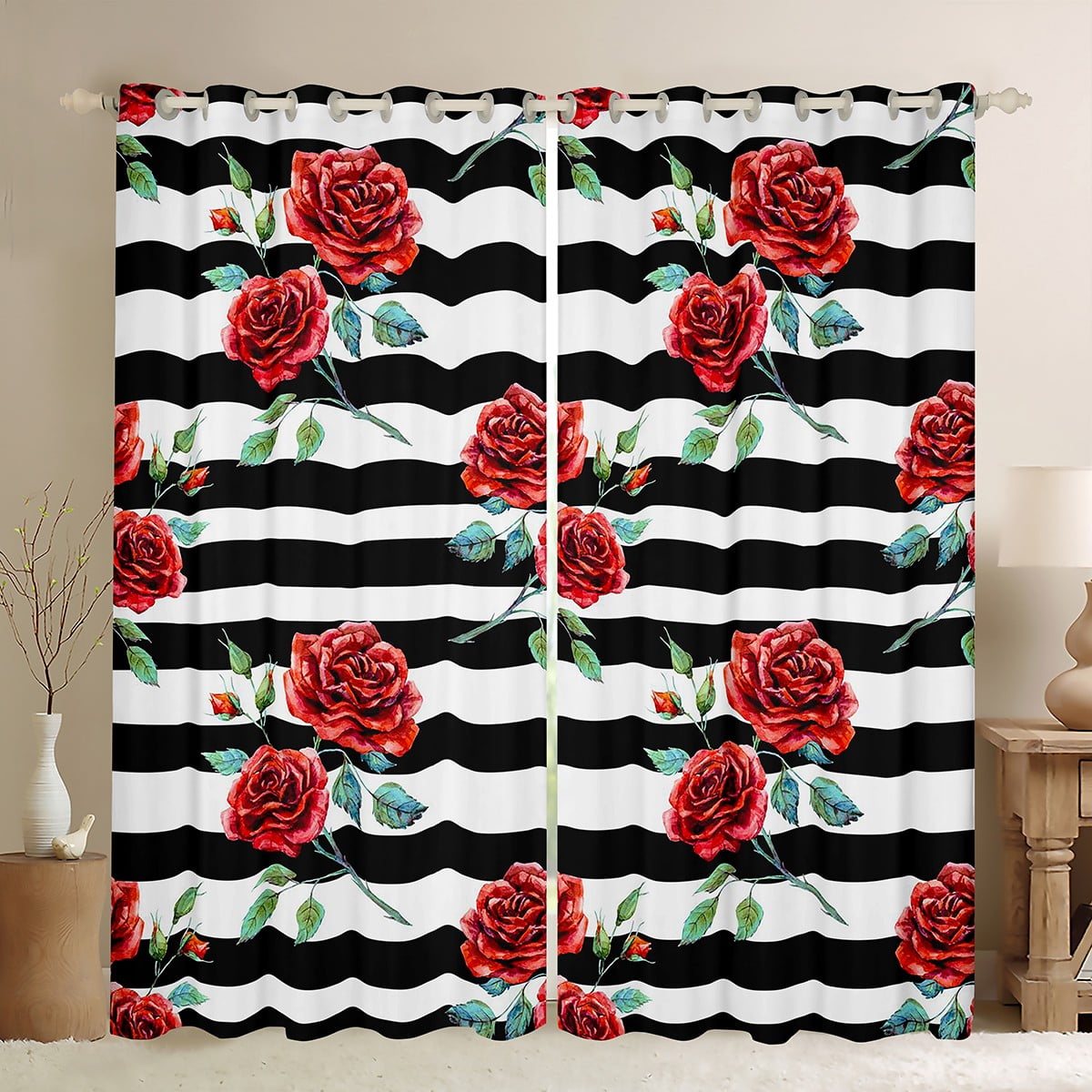 Black White Stripe Blackout Curtains Red Rose Curtains & Drapes ...