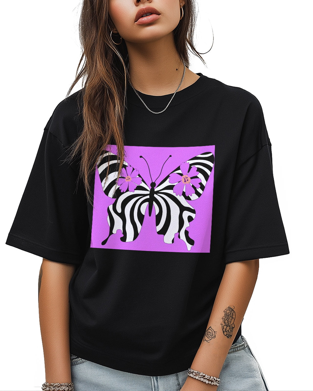 Black White Stripe Butterfly T Shirts for Women Short Sleeve Cotton ...