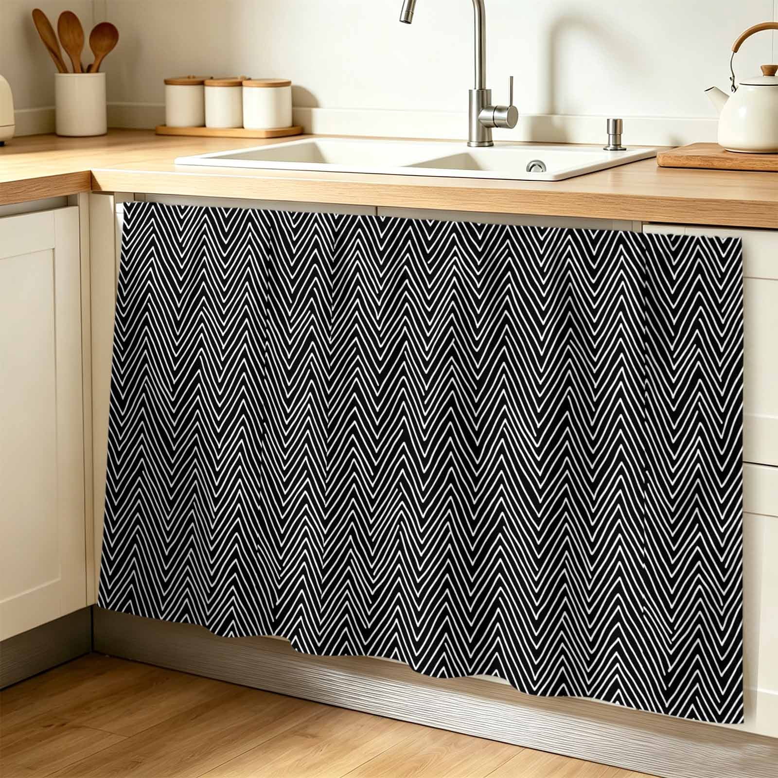 Black White Stripe Cabinet Curtains for Shelves, Modern Abstract Art ...