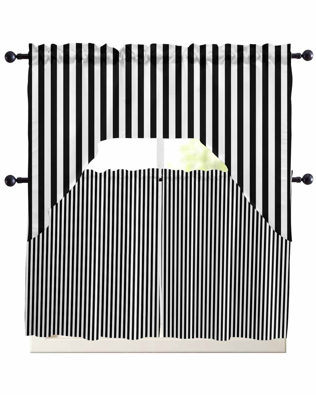 Black White Stripe Kitchen Curtains Set for Windows 3 Piece Cafe ...
