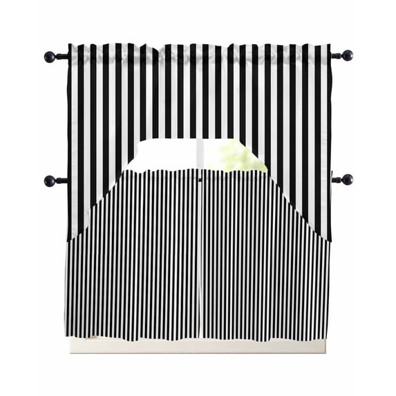 Black White Stripe Kitchen Curtains Set for Windows 3 Piece Cafe ...