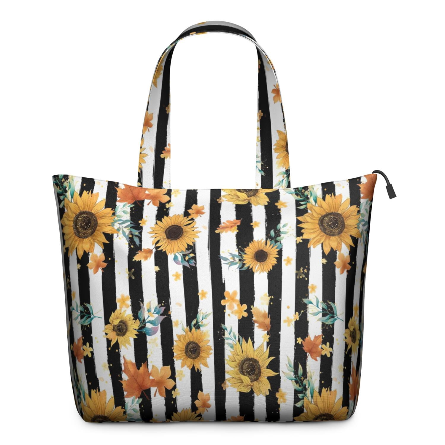 Black White Stripe Orange Leaf Sunflower Pattern Travel Tote Bags for ...