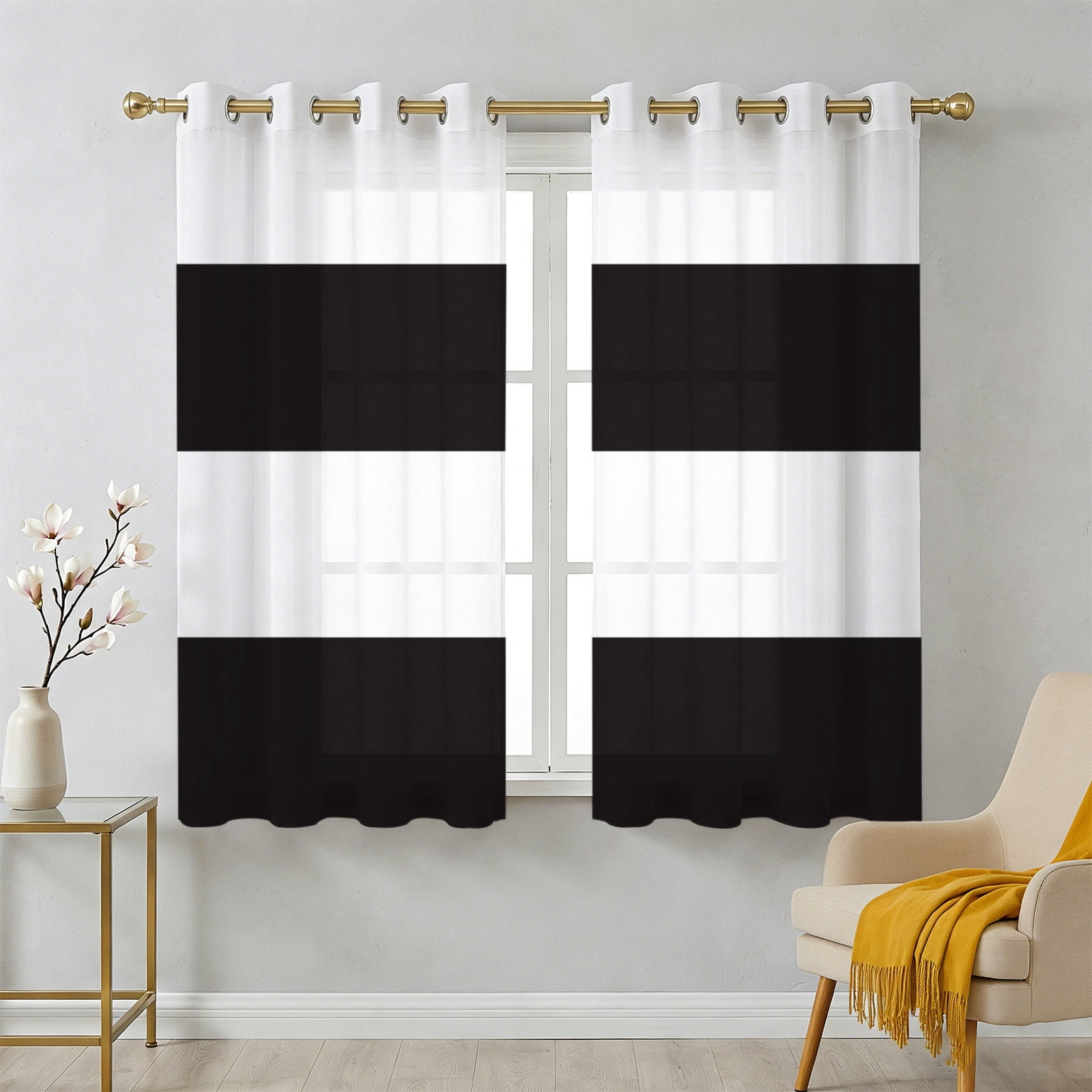 Black and White Stripe Pattern Sheer Curtains 54 Inch Long 2 Panels ...