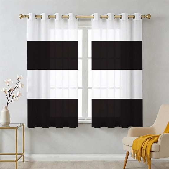 Black and White Stripe Pattern Sheer Curtains 54 Inch Long 2 Panels ...