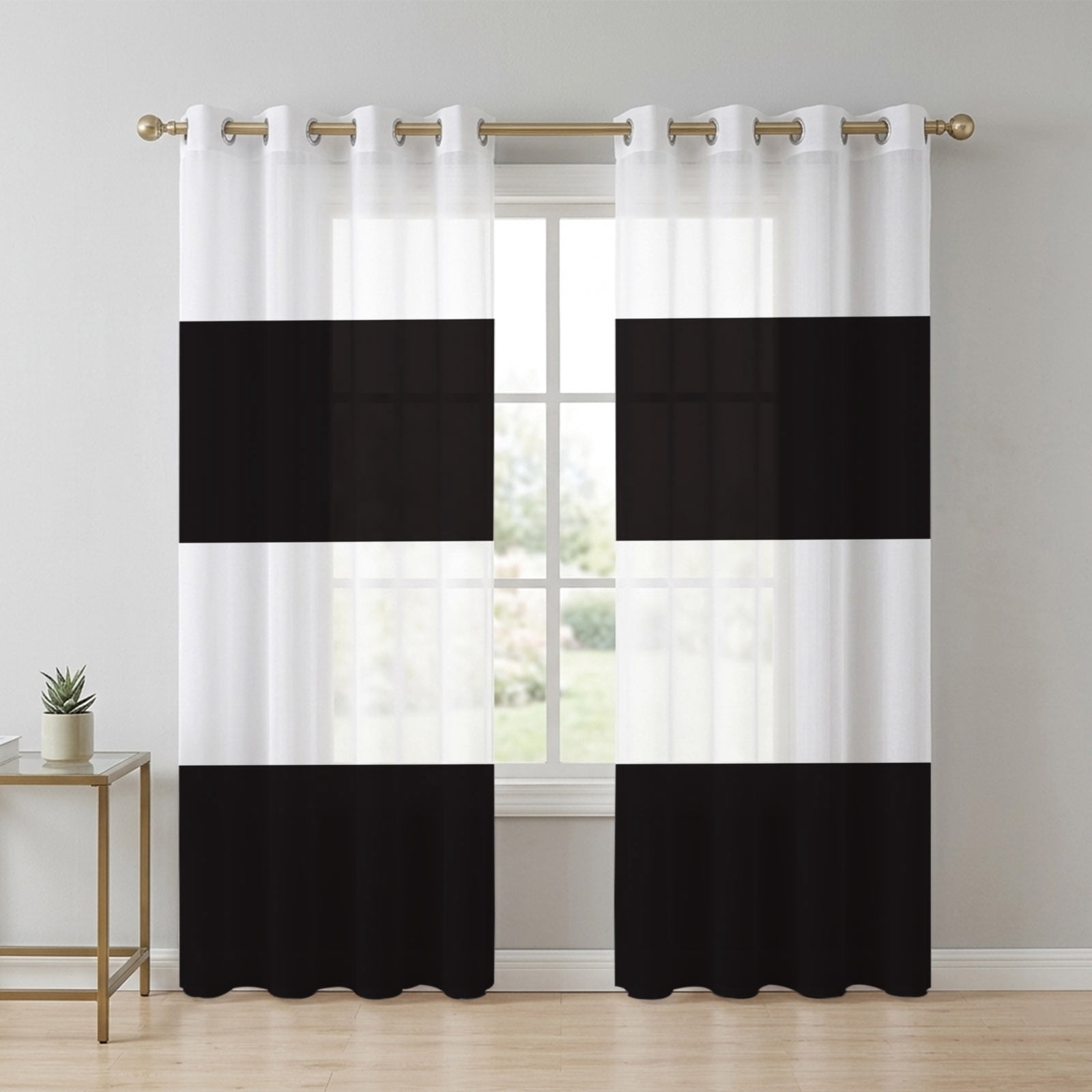 Black and White Stripe Pattern Sheer Curtains 63 Inch Long 2 Panels ...