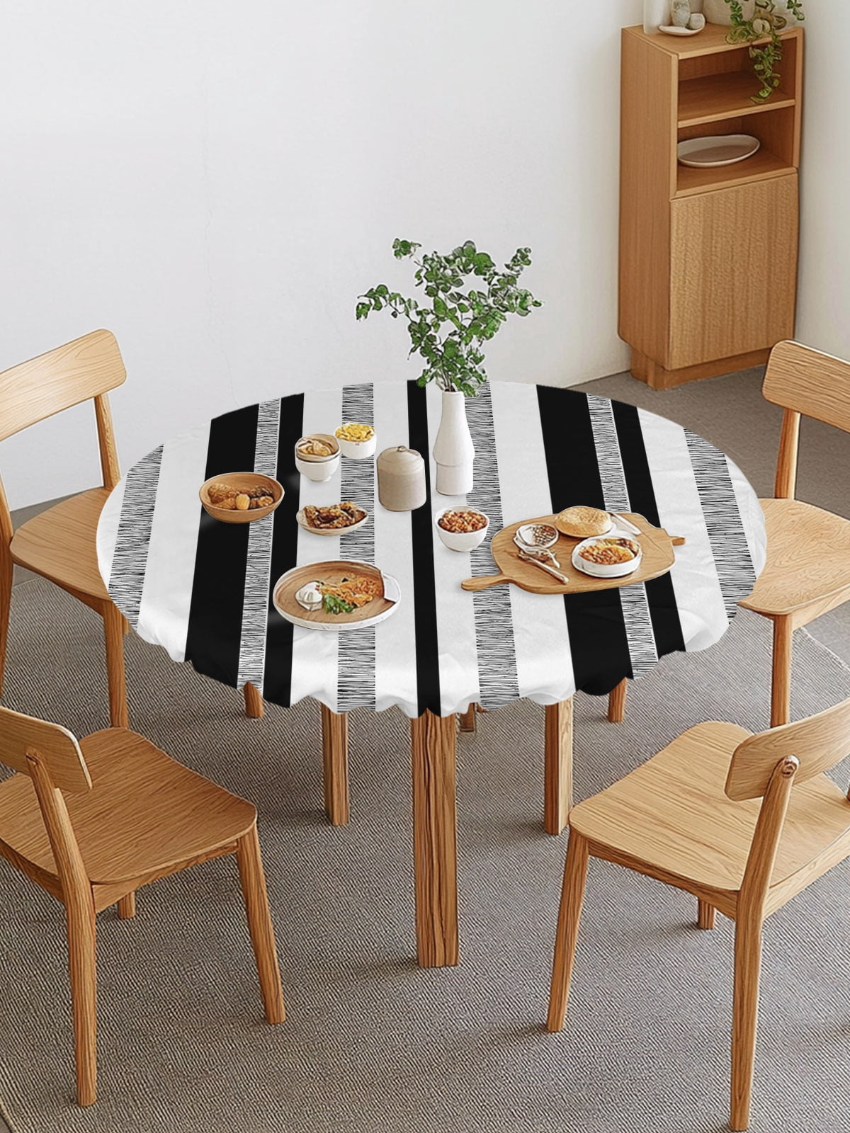 Black White Stripe Round Fitted Tablecloth with Elastic Edge, Modern ...