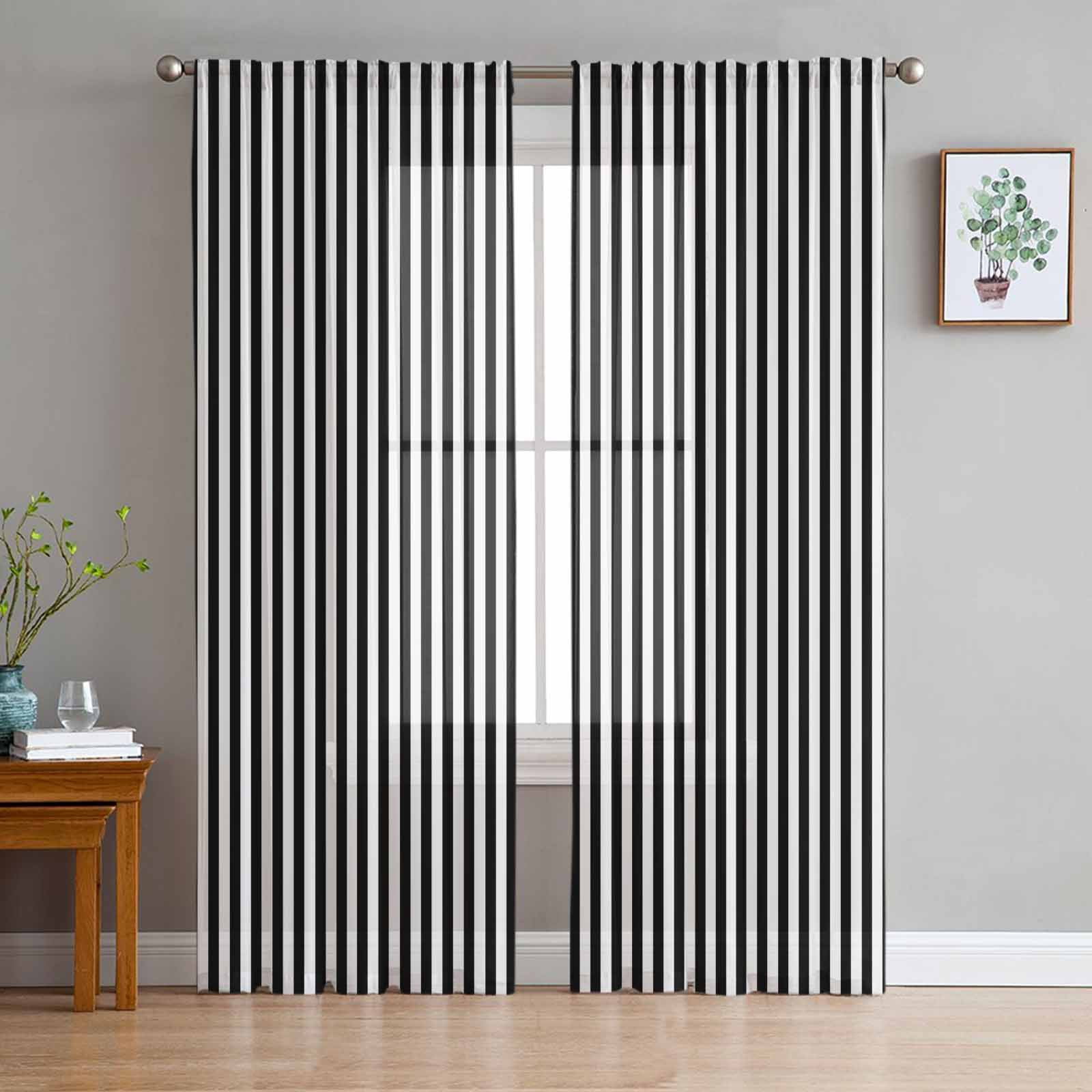 Black White Stripe Sheer Curtains 96 Inch Length 2 Panels Set for ...