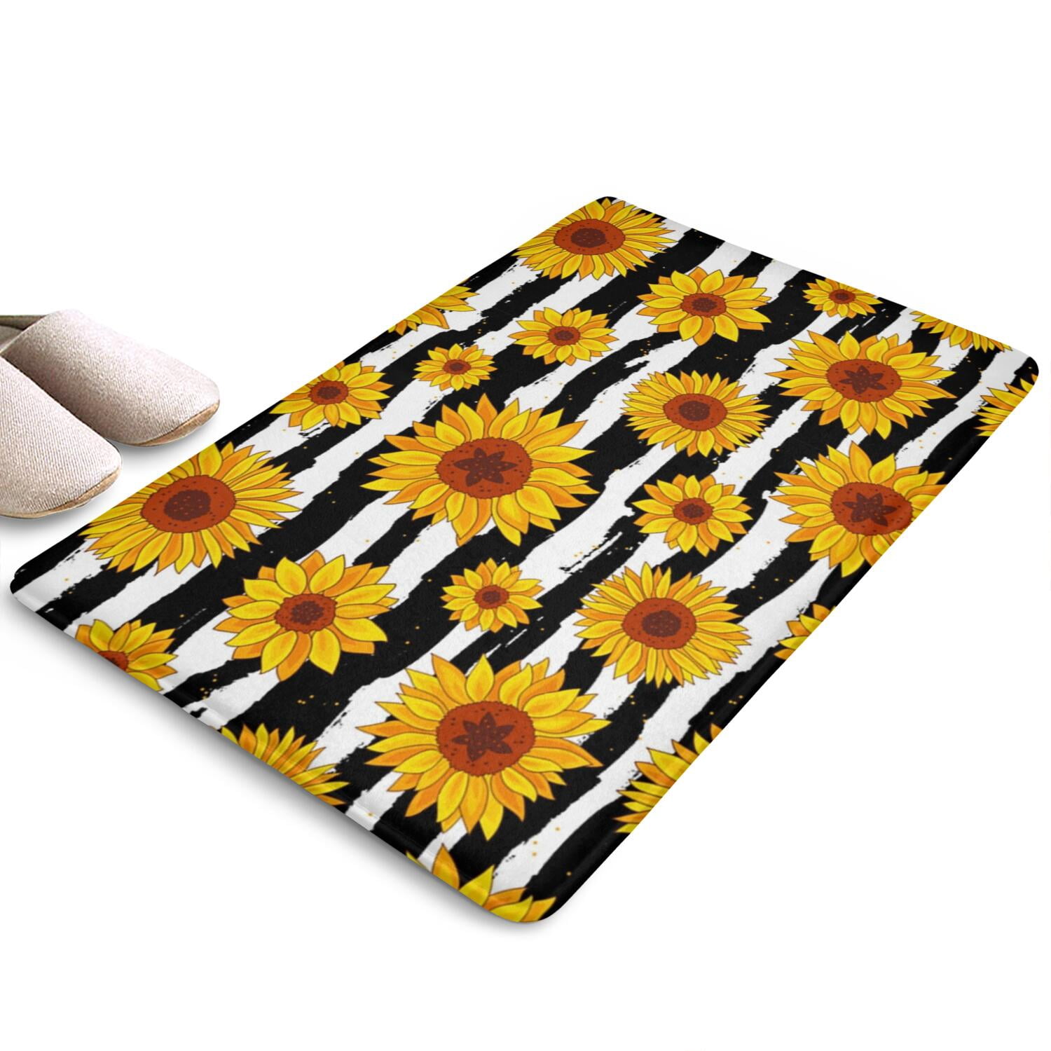 Black White Stripe Sunflower Flannel Non Slip Door Rugs,Washable Door ...