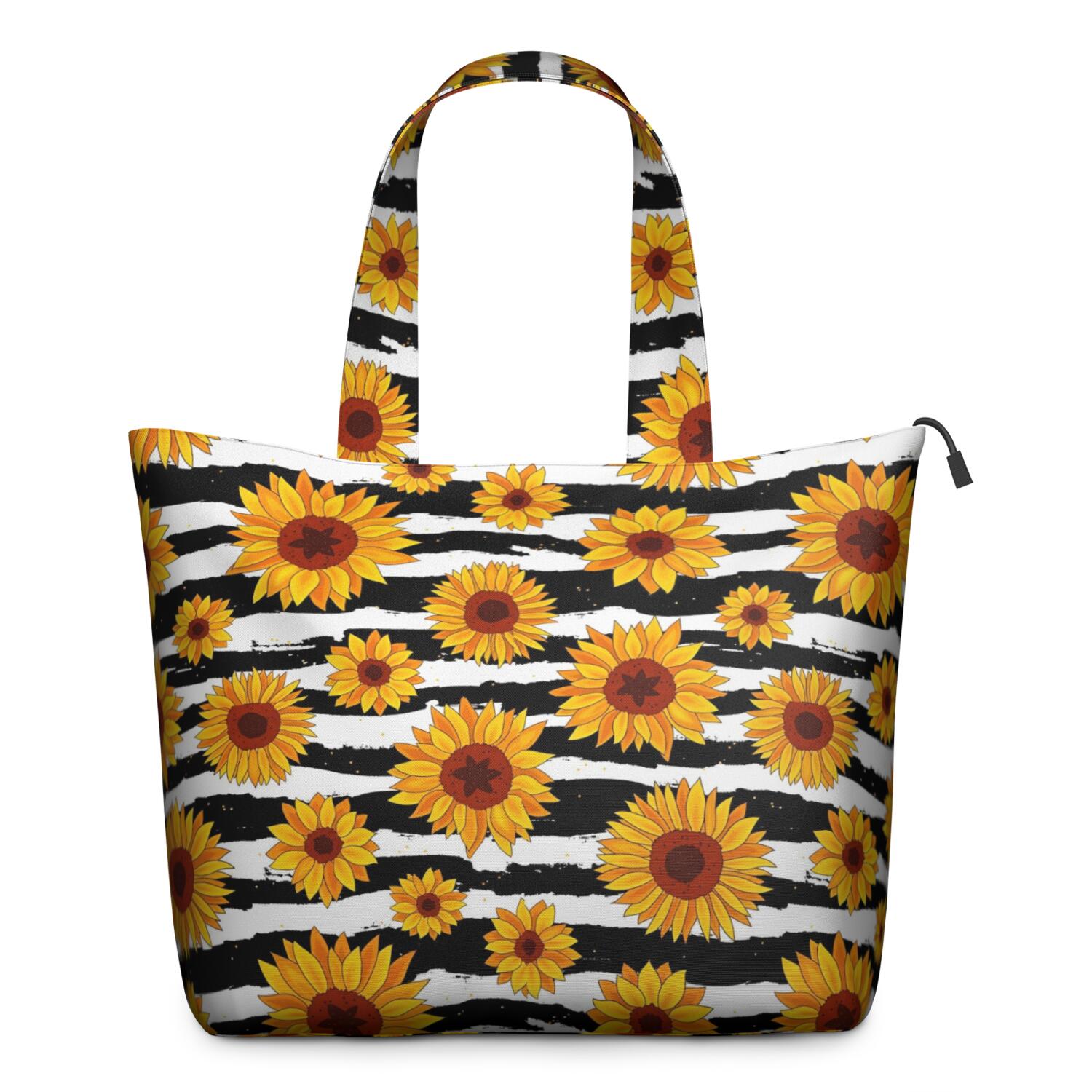 Black White Striped Sunflower Pattern Travel Tote Bags for Women Carry ...