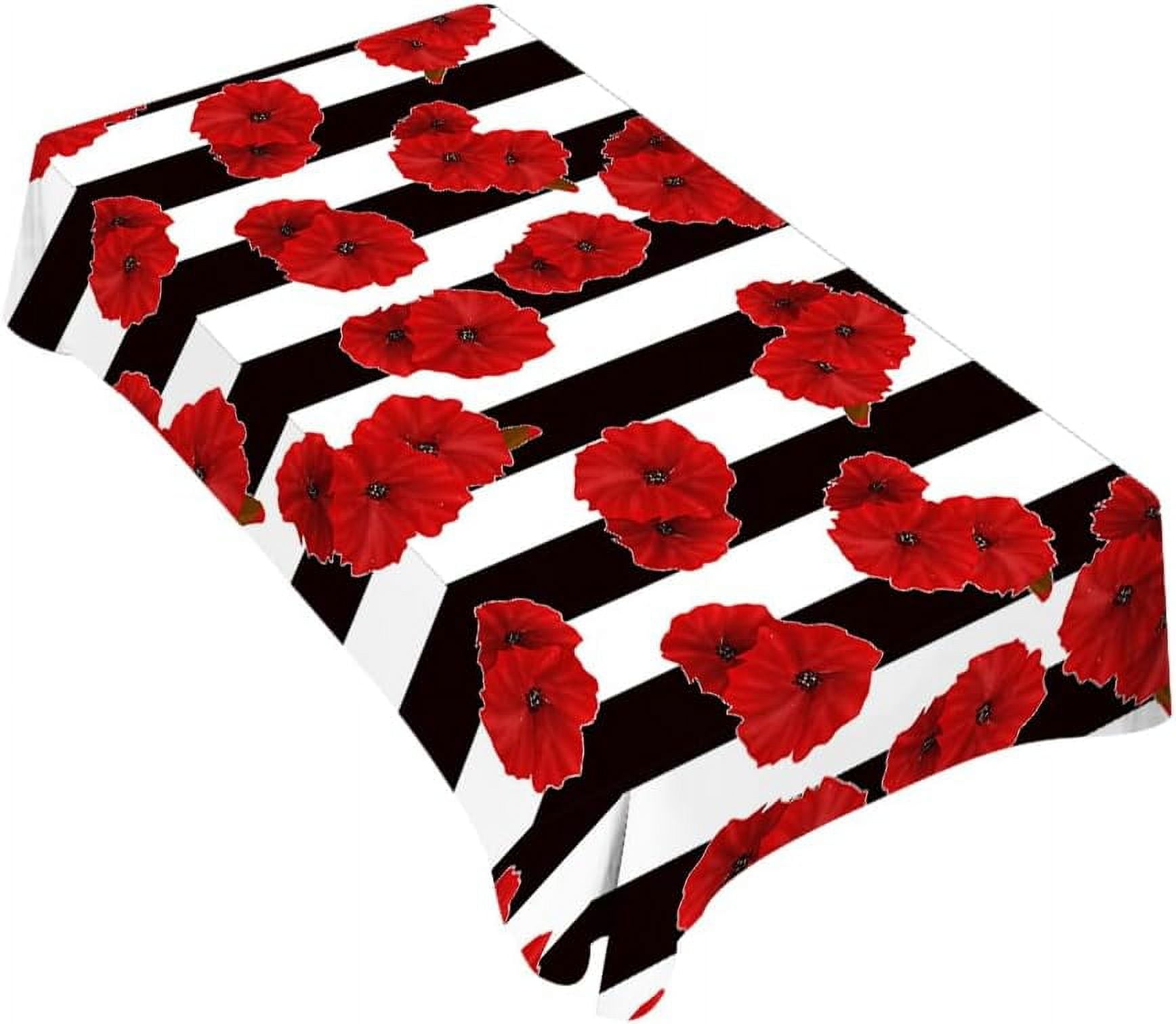 Black White Stripe Tablecloth 60x84 Inch Rectangular Red Flower Poppy Petal Bloom Bright Color ...