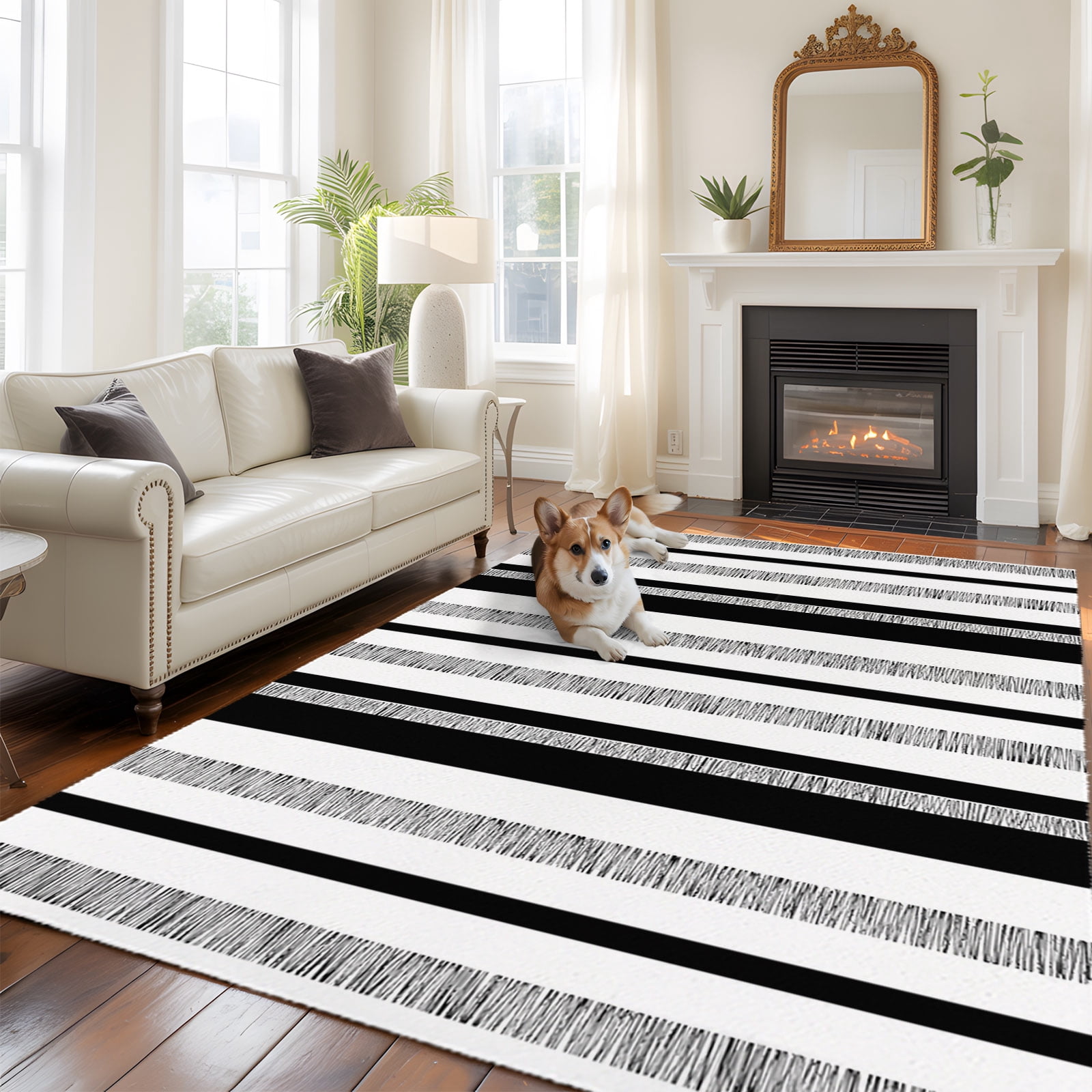 Black White Stripe Washable Area Rug 5x8 Modern Minimalist Geometric ...