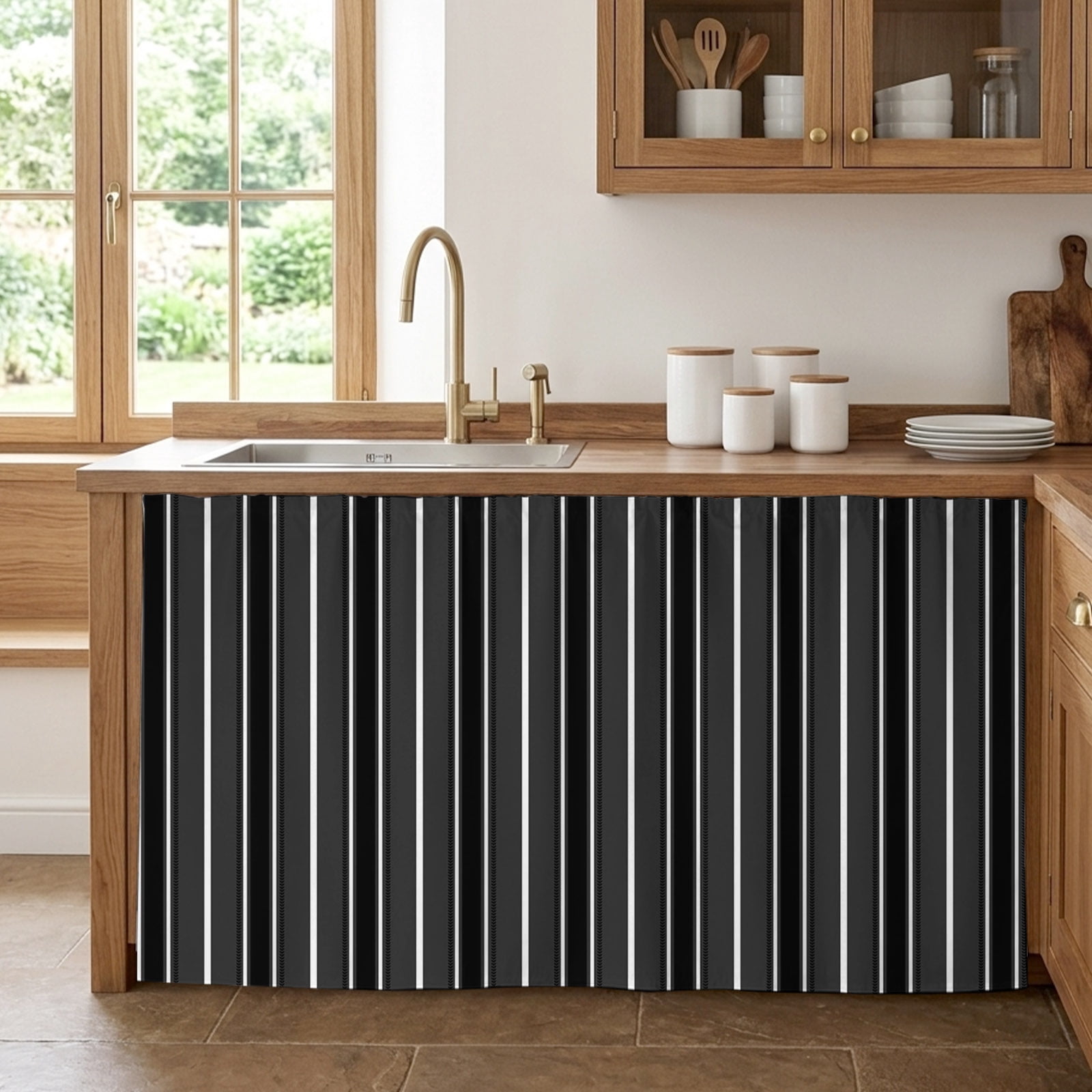 Black White Striped Cabinet Curtains 32" W x 55" L, Solid Black White ...